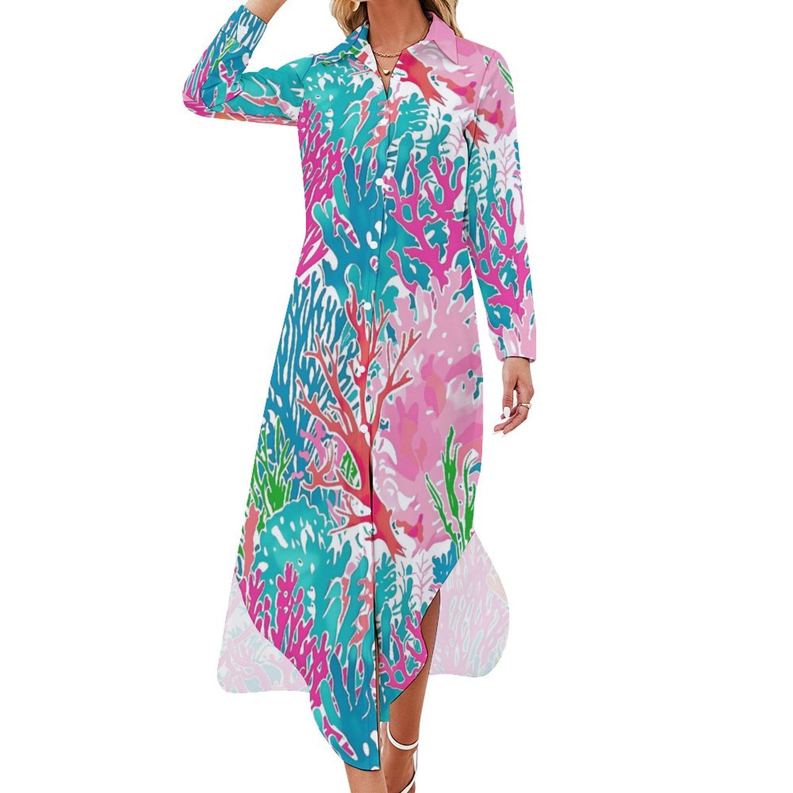 Colorful Coral Reef Print Women's Maxi T Shirt Dress Long Sleeve Lapel ...