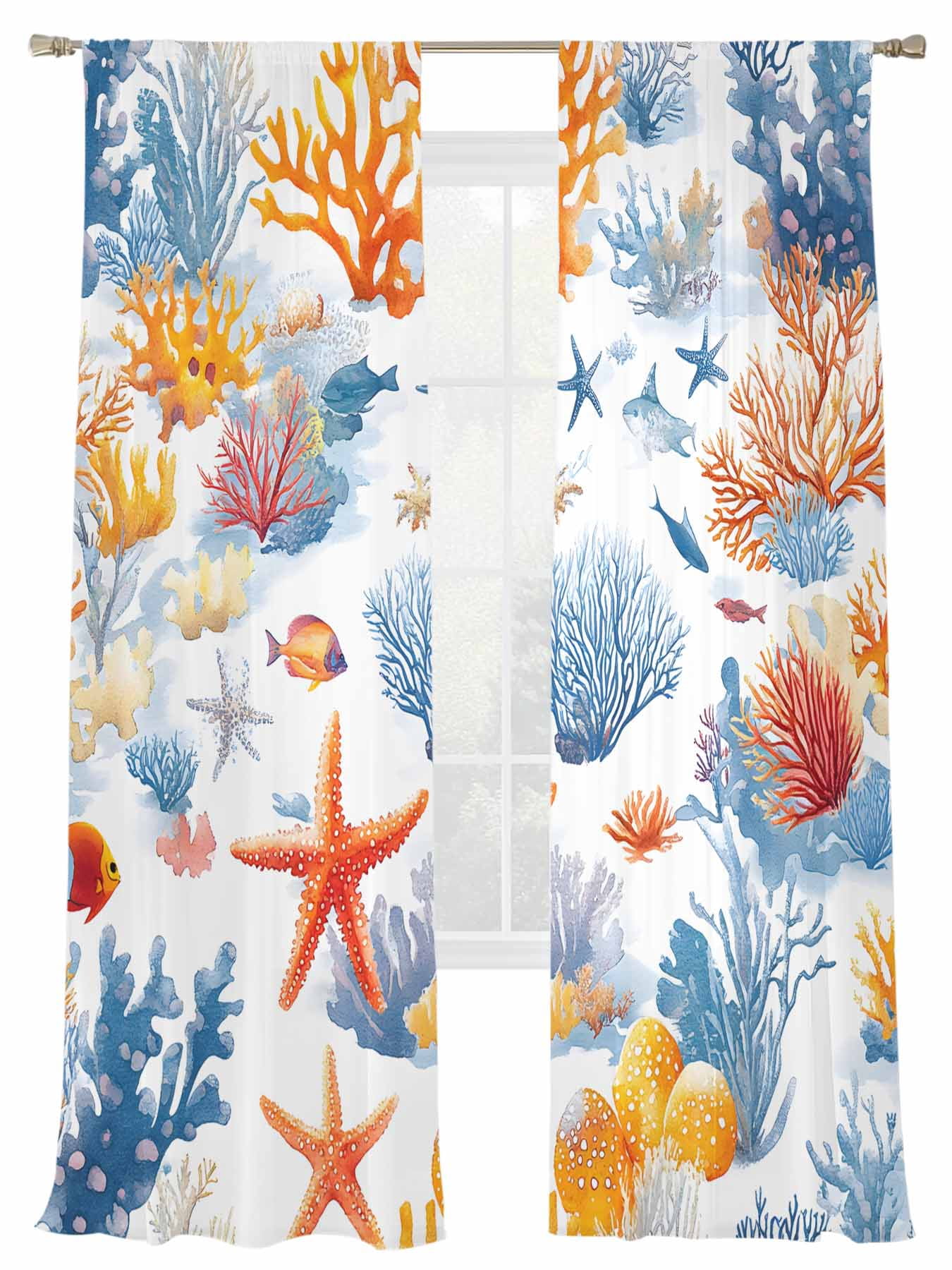 Colorful Coral Sheer Curtains 108 Inch Long 2 Panels, Starfish Fish ...