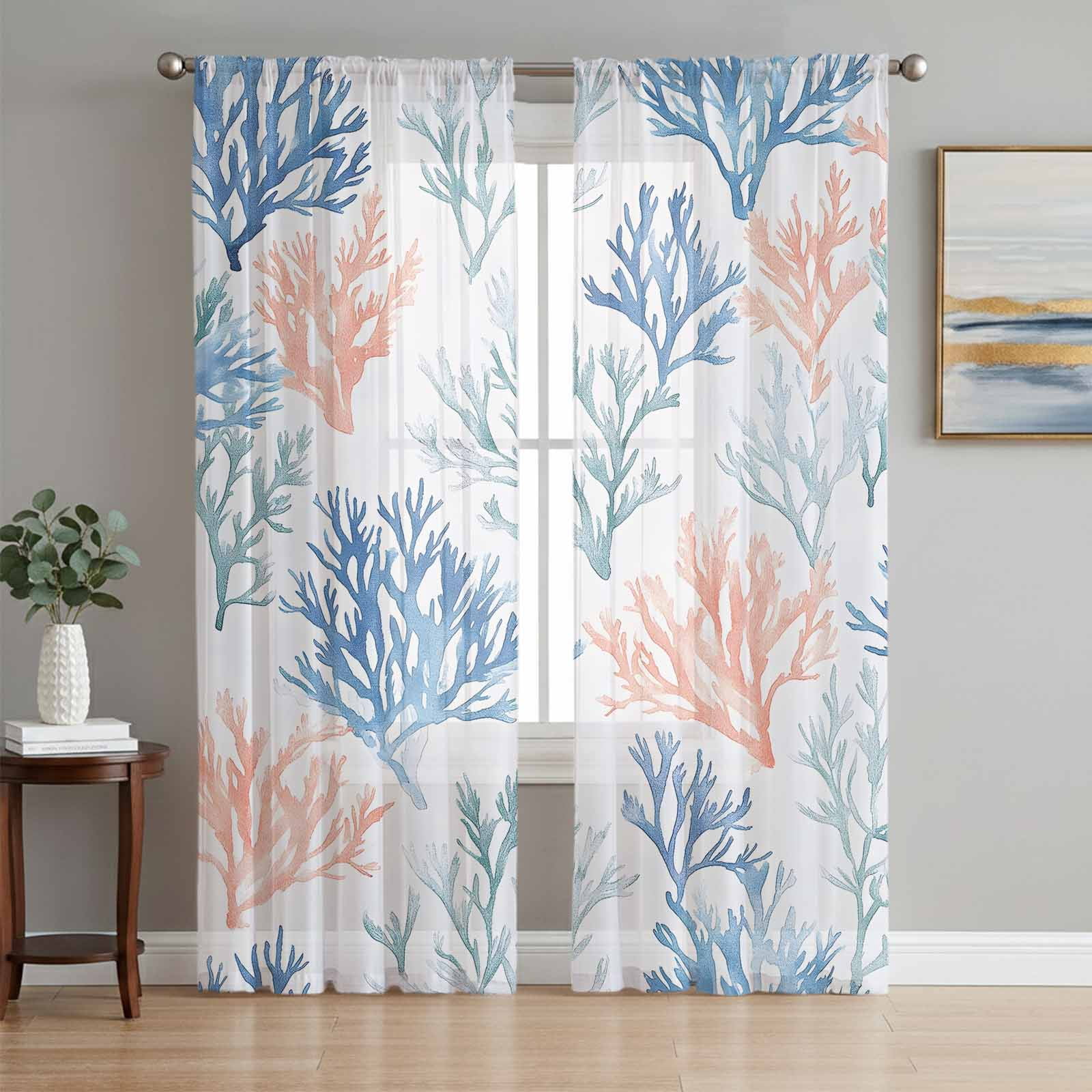 Colorful Coral Sheer Curtains 96 Inch Length 2 Panels Set, Summer ...