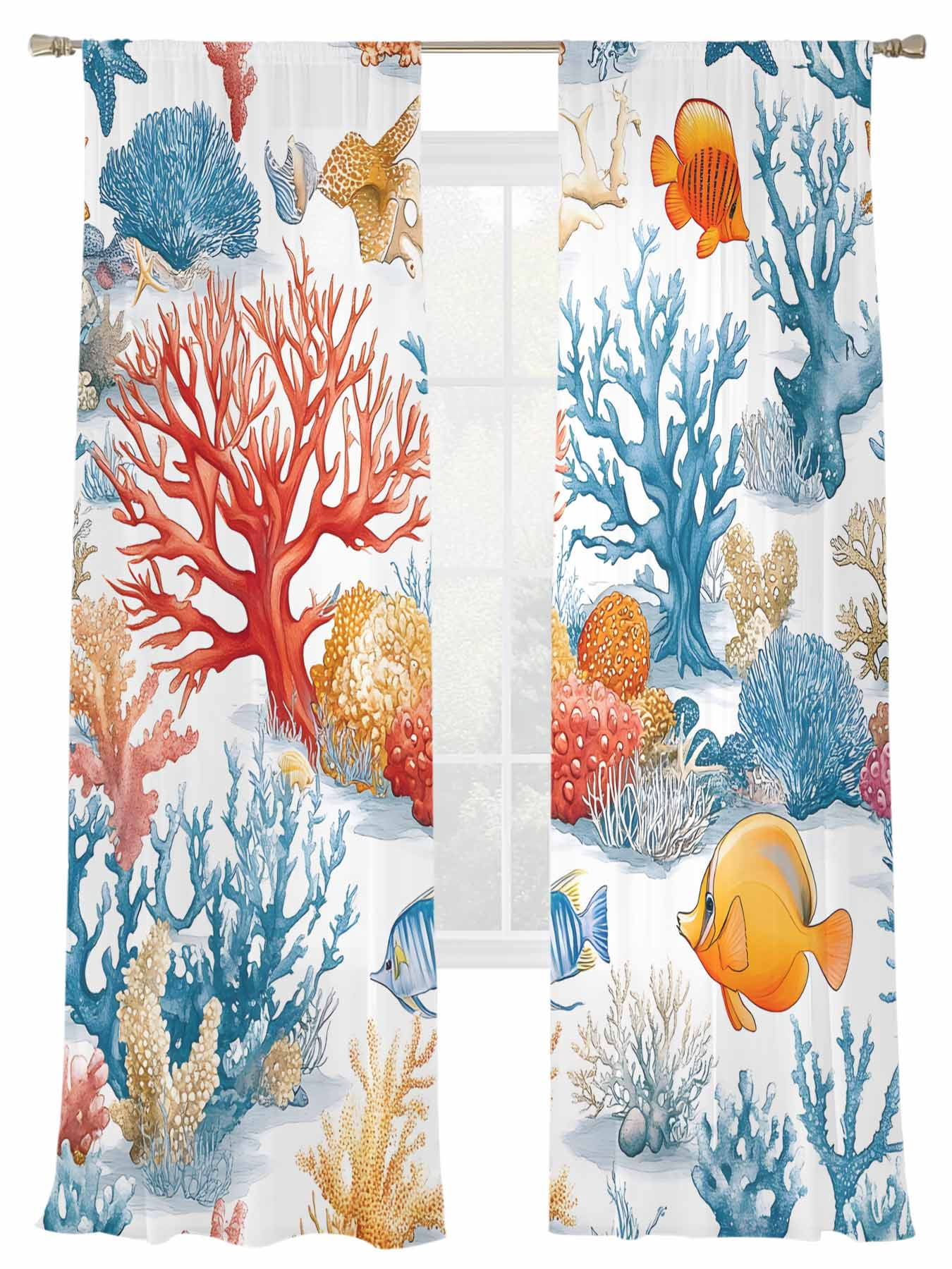 Colorful Coral Sheer Curtains 96 Inch Long 2 Panels, Ocean Fish ...