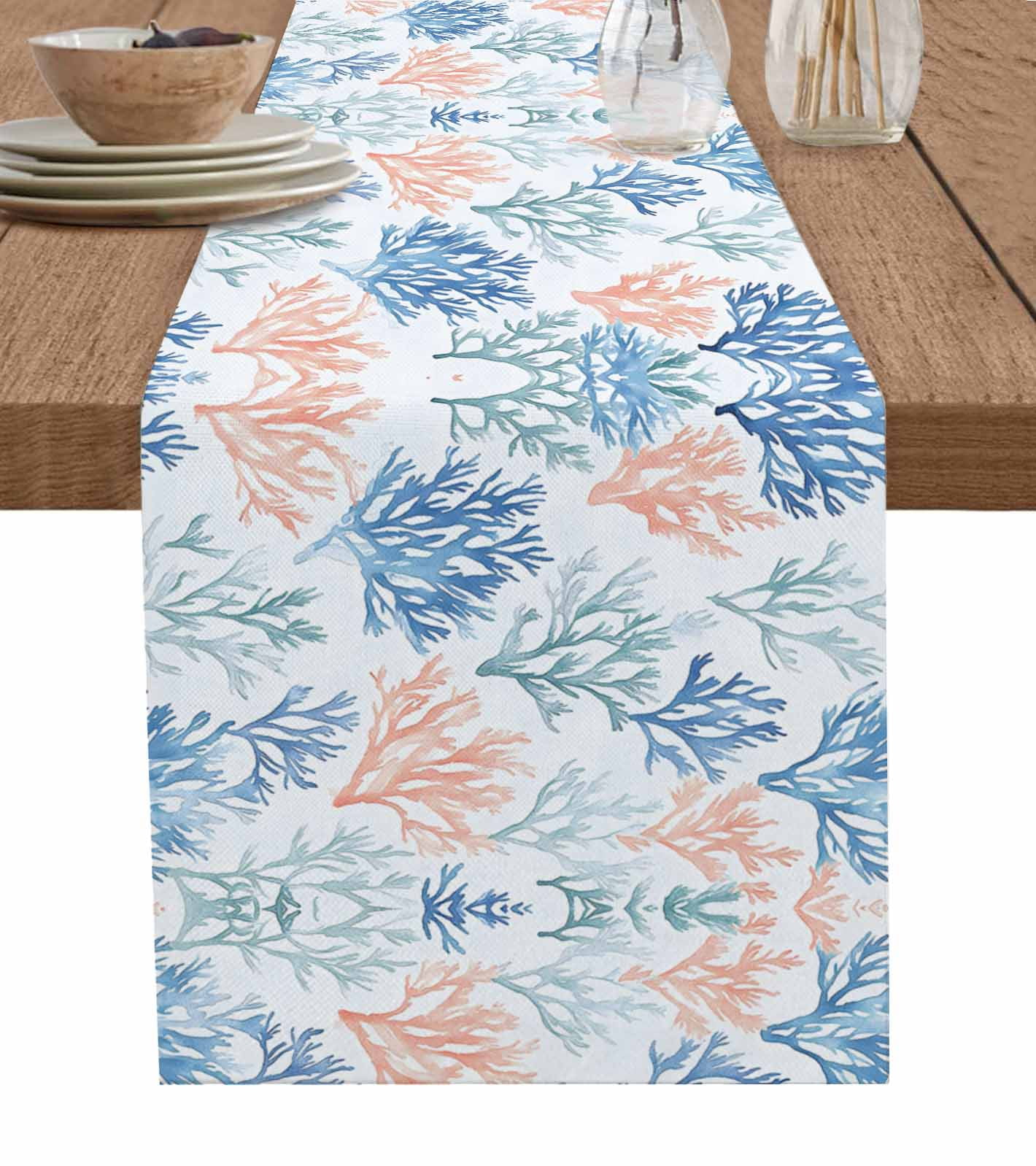 Colorful Coral Table Runner 120 Inches, Summer Coastal Watercolor Ocean ...
