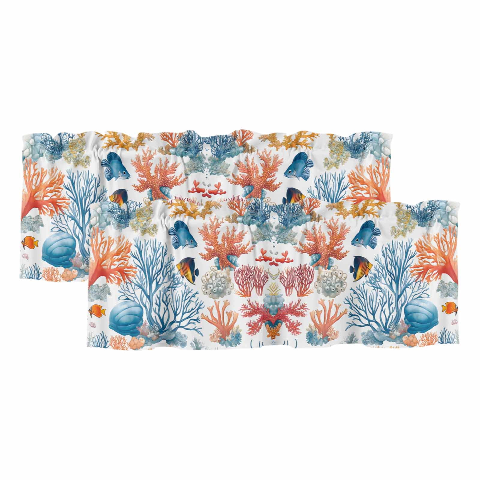 Colorful Coral Window Valance, Watercolor Fish 2 Pack Decorative ...