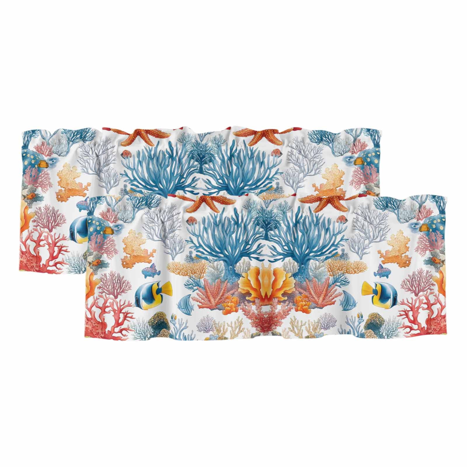 Colorful Coral Window Valance, Watercolor Fish 2 Pack Decorative ...