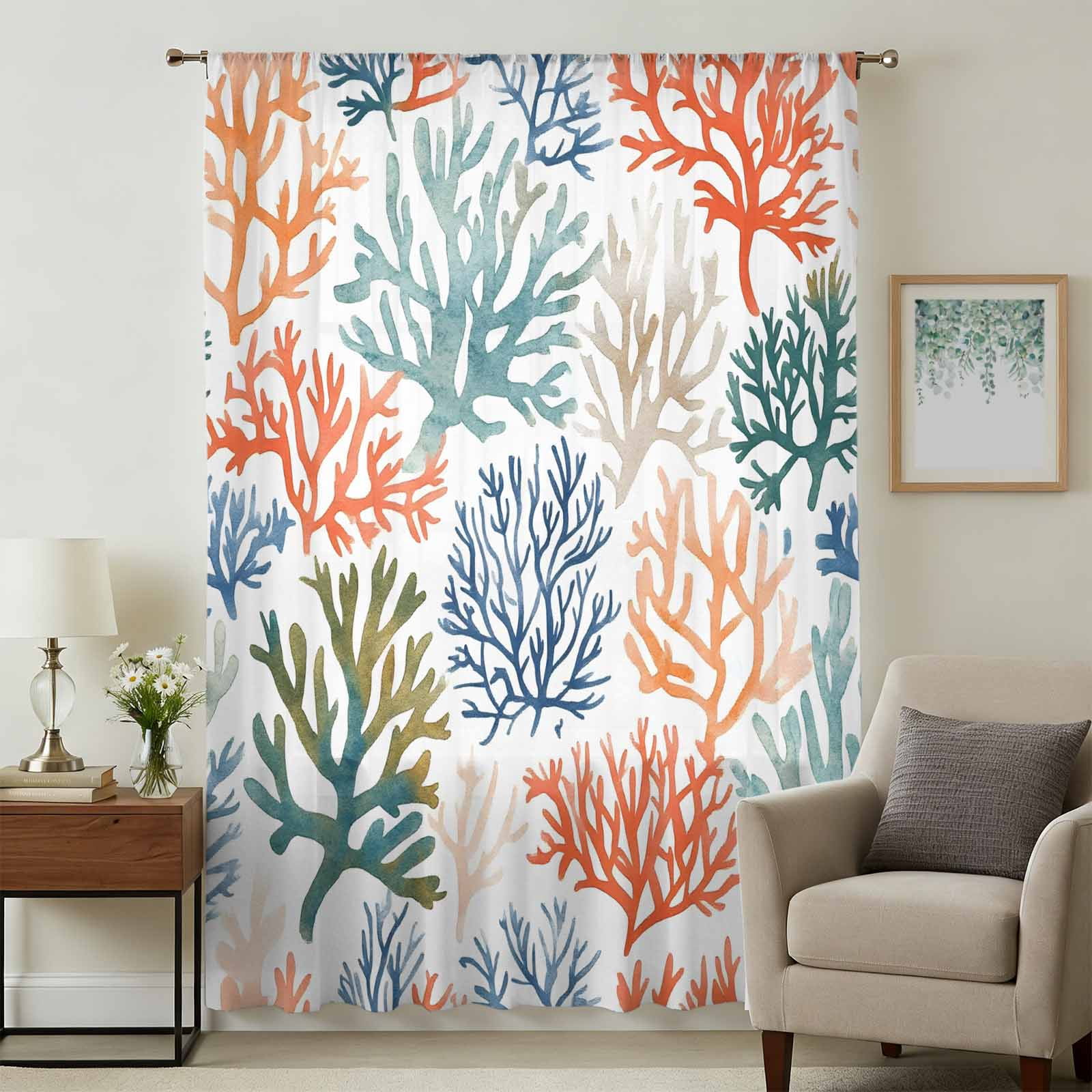 Colorful Corals Sheer Curtains 108 Inches Extra Long, Coastal Ocean ...