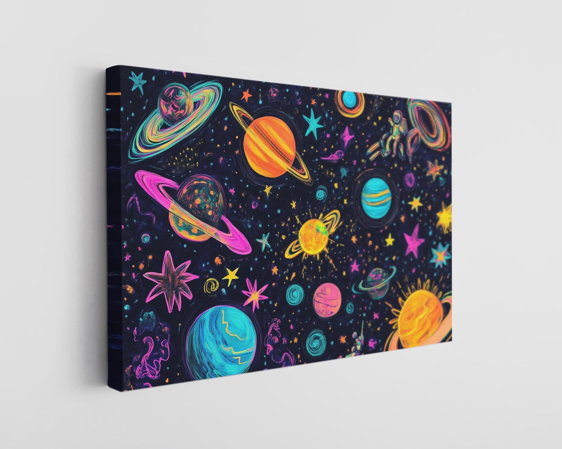 Colorful Cosmic Doodle of Planets Canvas Wall Art - High-Quality ...