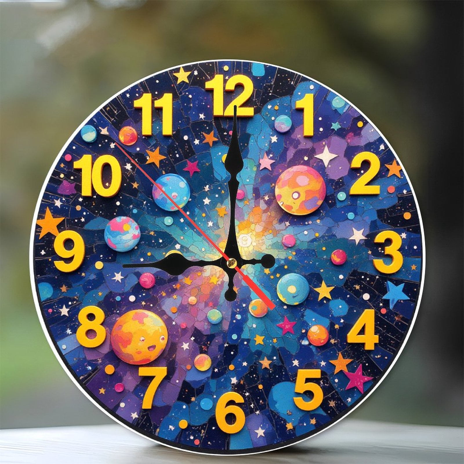 Colorful Cosmic Wall Clock with Planets And Stars 10-Inch Silent Wooden ...