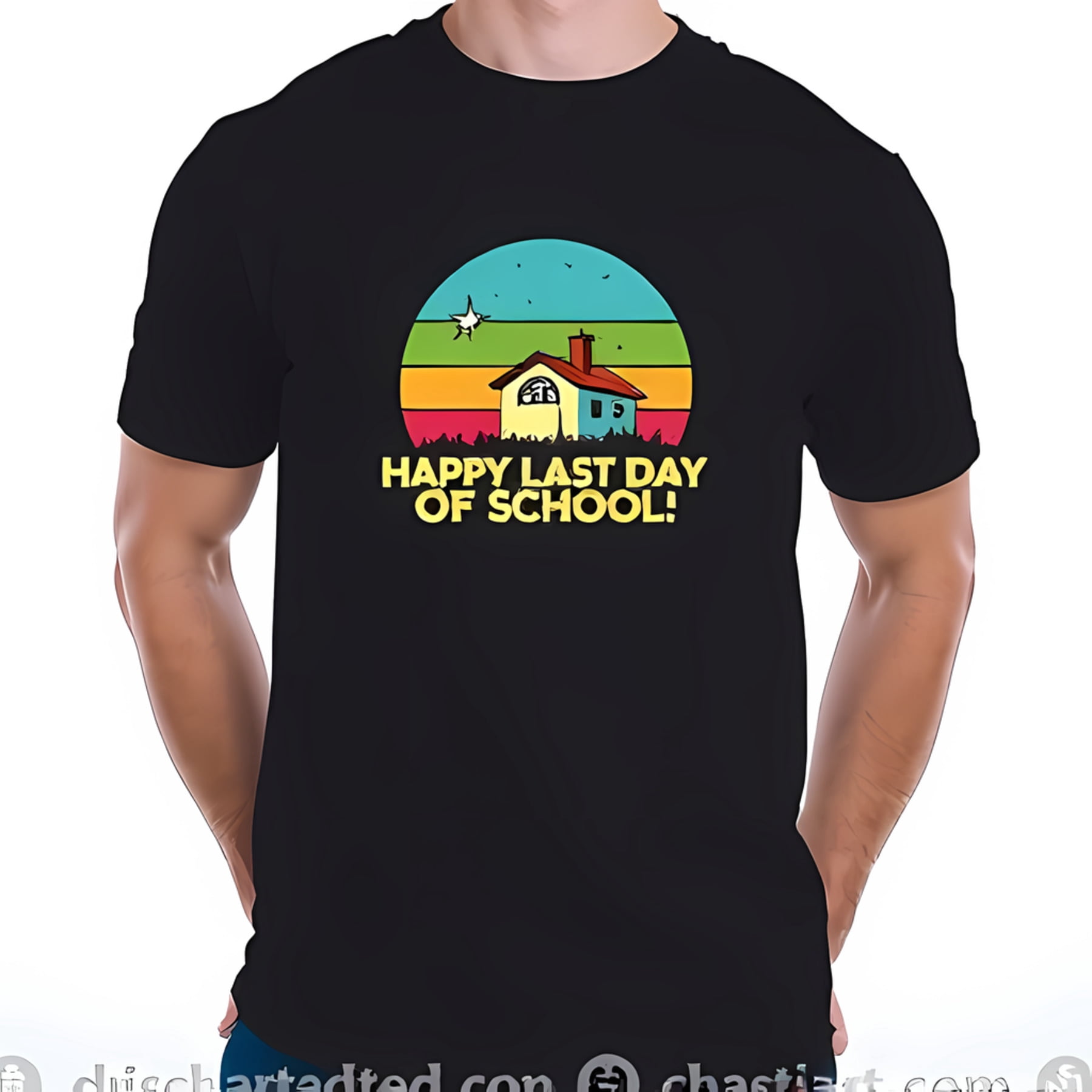 Colorful Cotton Short Sleeve T-Shirt with Whimsical House and Sunset ...