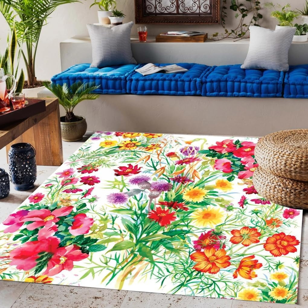 Colorful Country Rustic Flowers Print Indoor Outdoor Area Rug No Slip ...