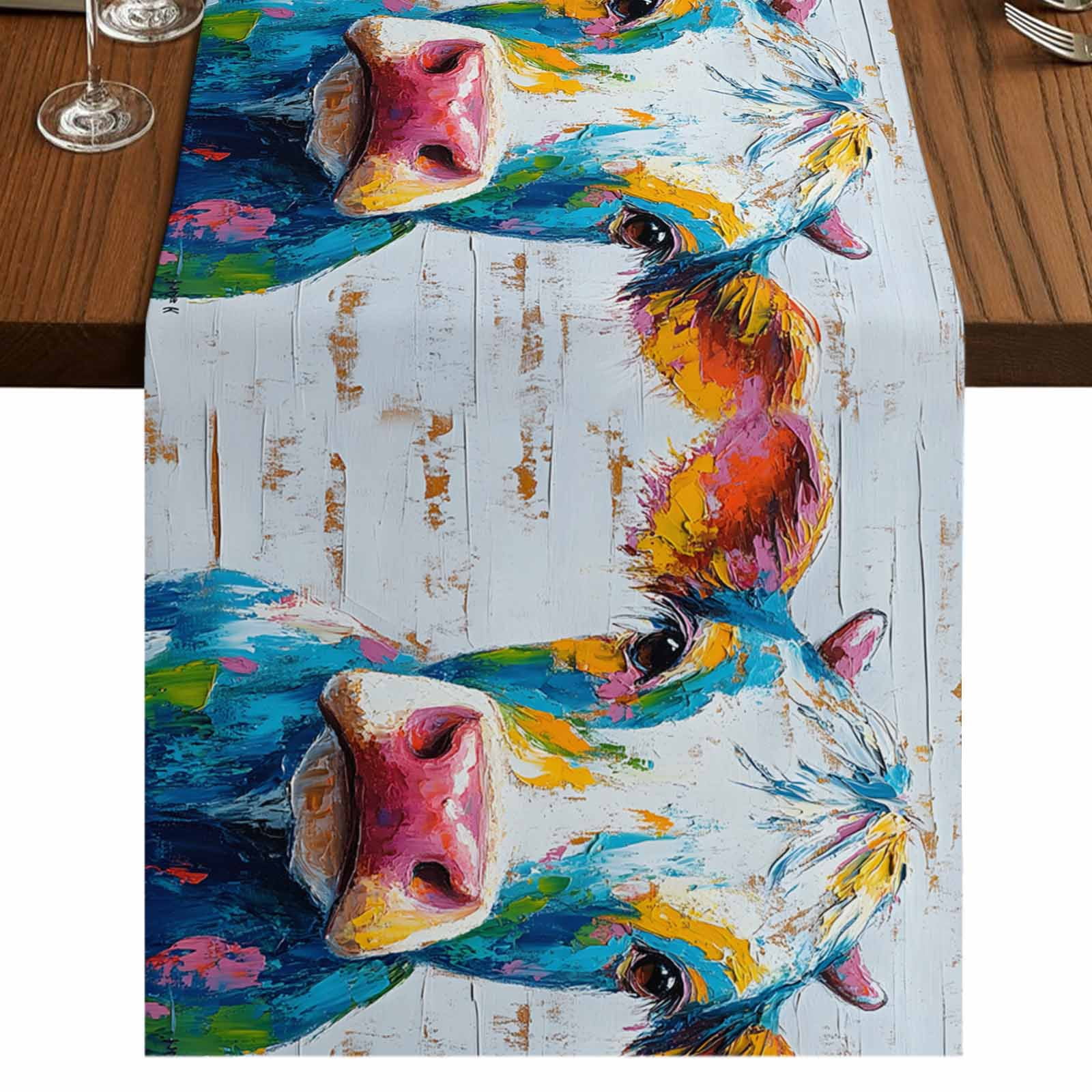 Colorful Cow 72 Inch Table Runner, Country Retro Abstract Animals ...