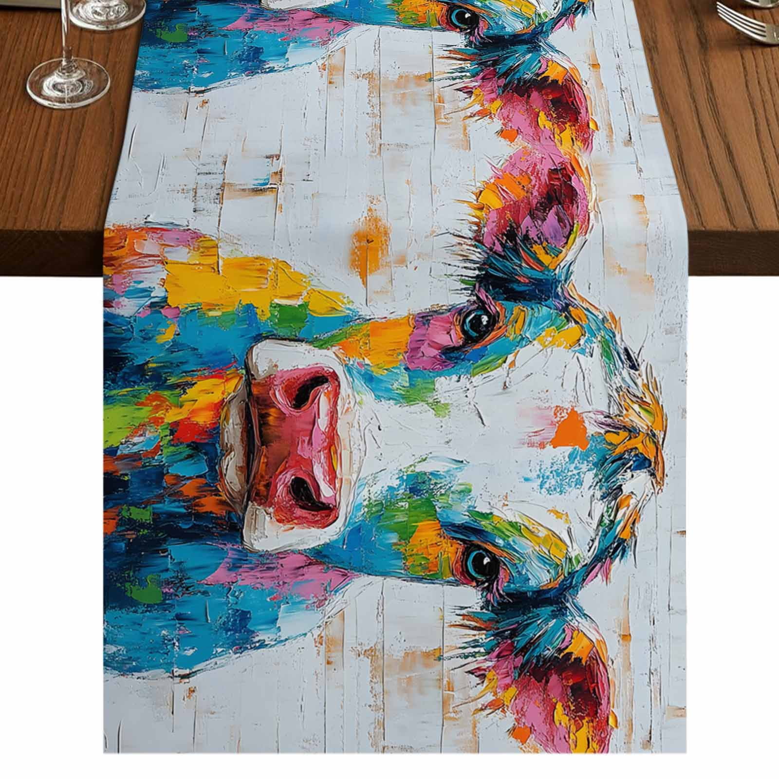 Colorful Cow 72 Inch Table Runner, Farmhouse Oil Abstract Painting ...