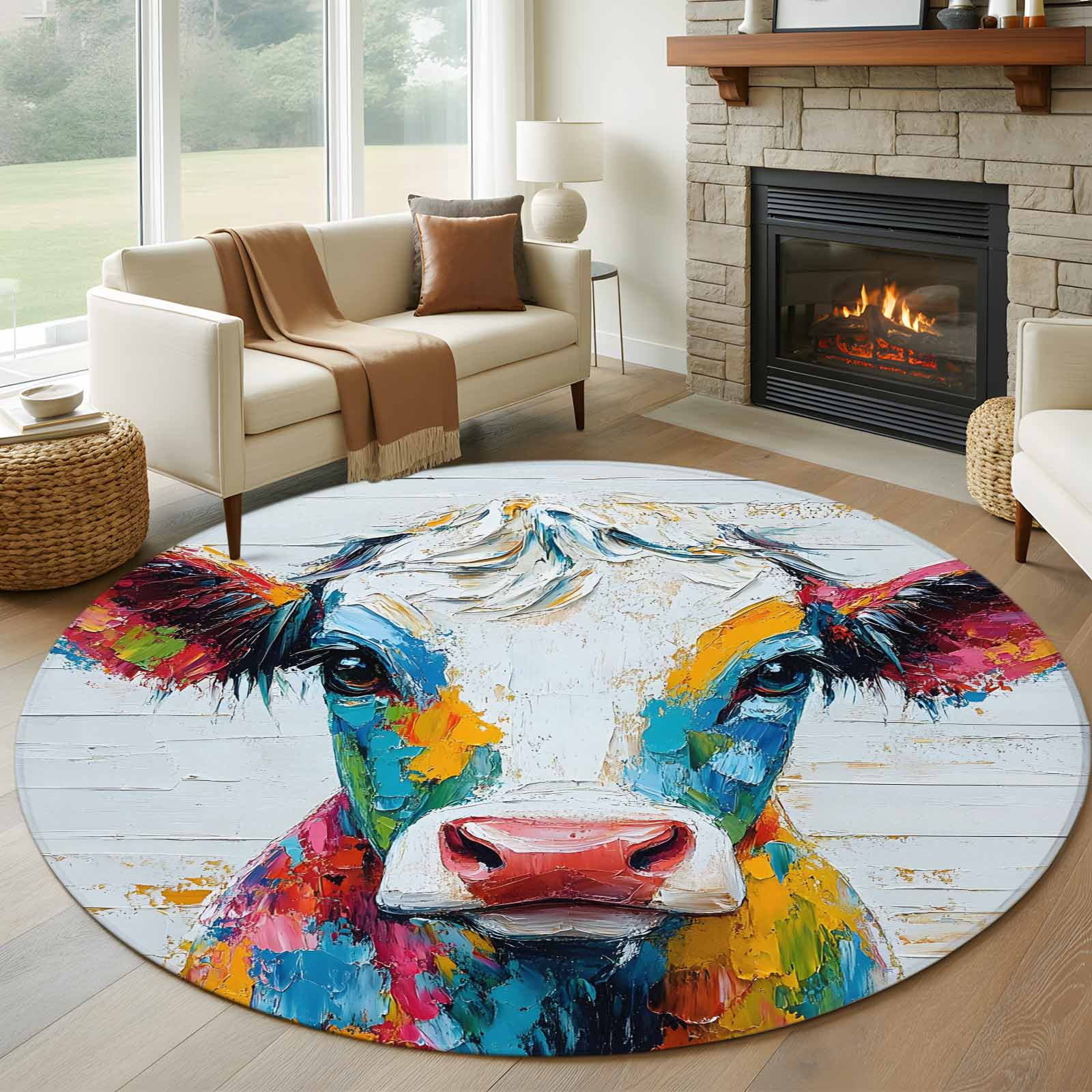 Colorful Cow 7FT Round Area Rugs for Living Room Rustic Animal Abstract ...