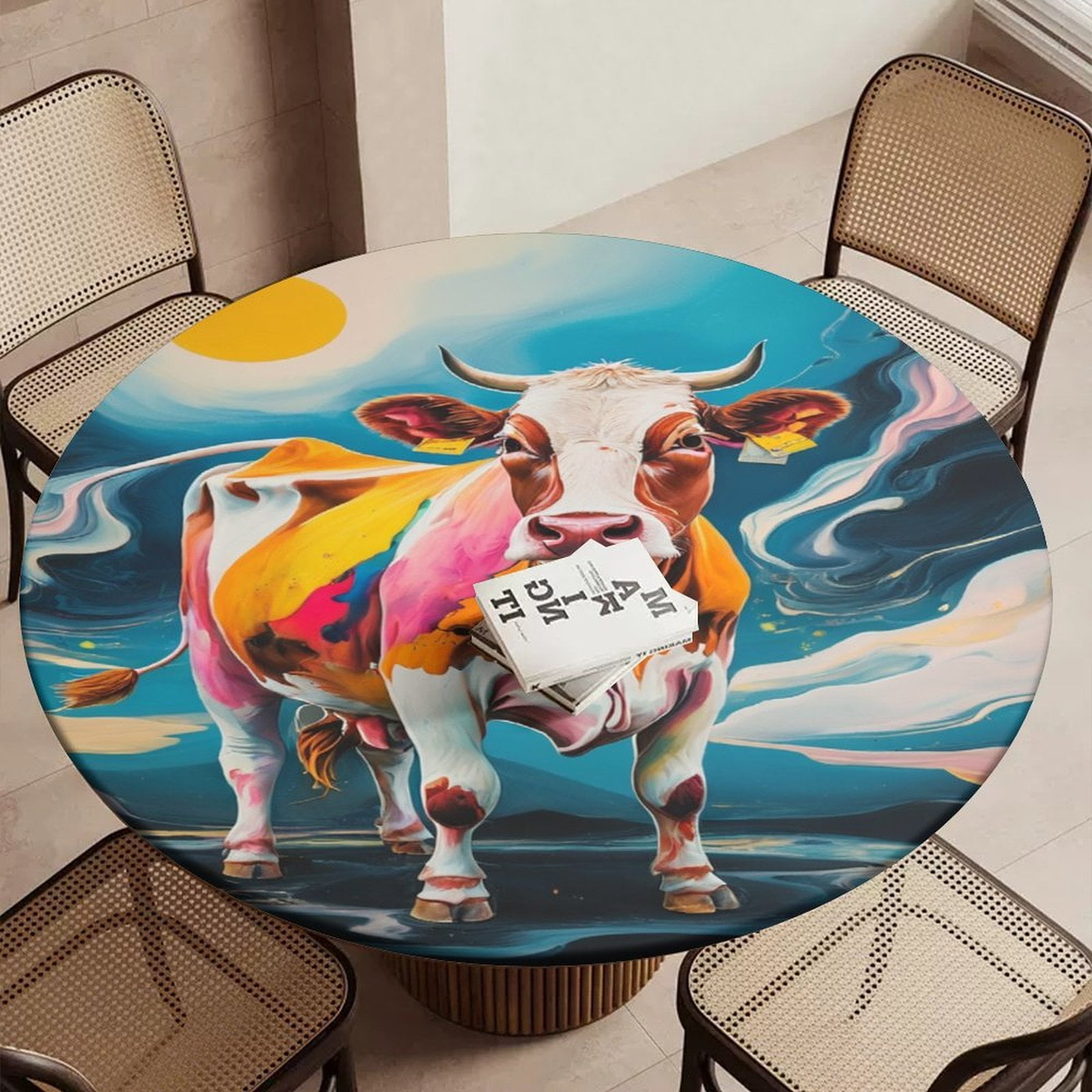 Colorful Cow Art Print Round Table Cover Kitchen Printed Waterproof ...
