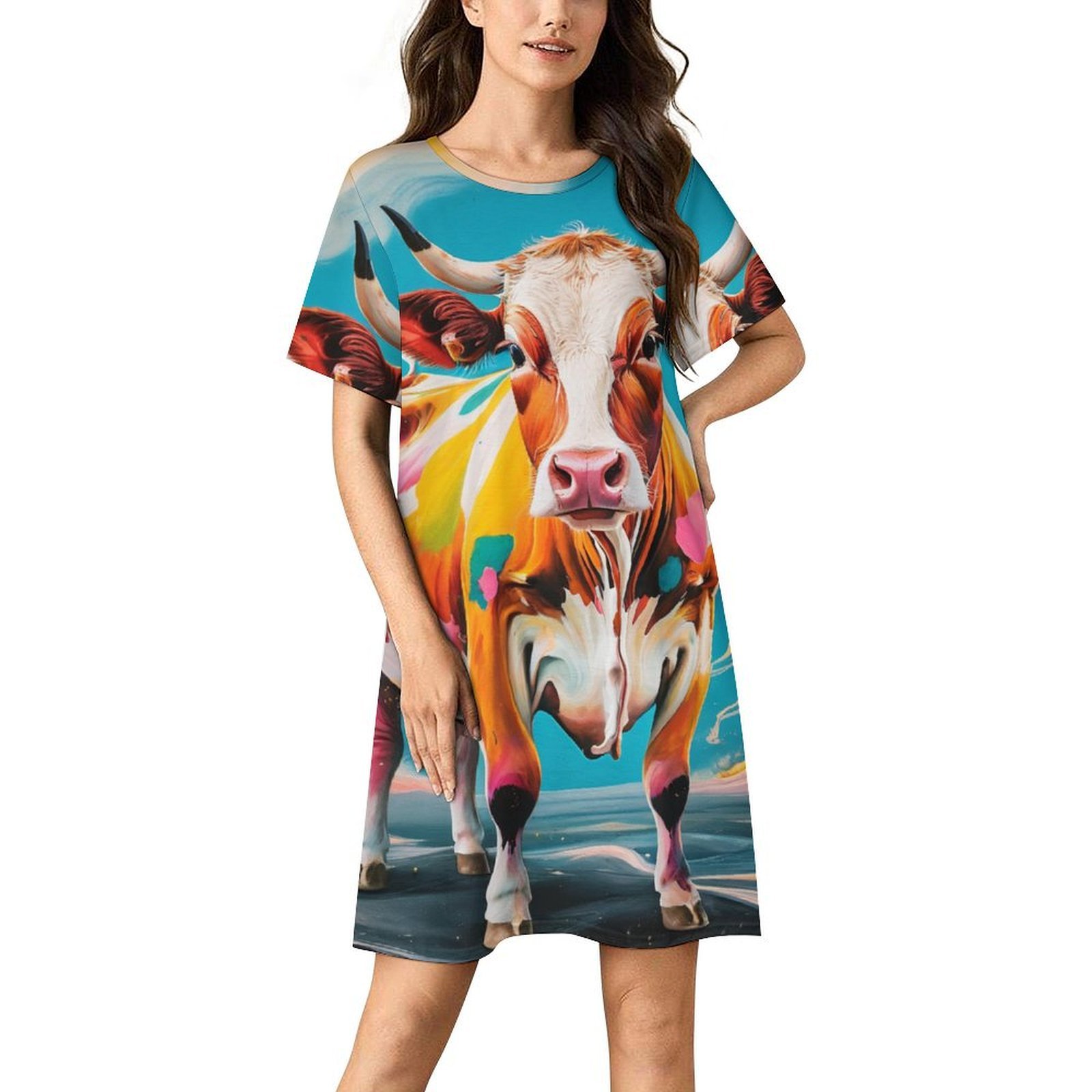 Colorful Cow Art Print Women Nightgown Sleepwear Short Sleeves For ...