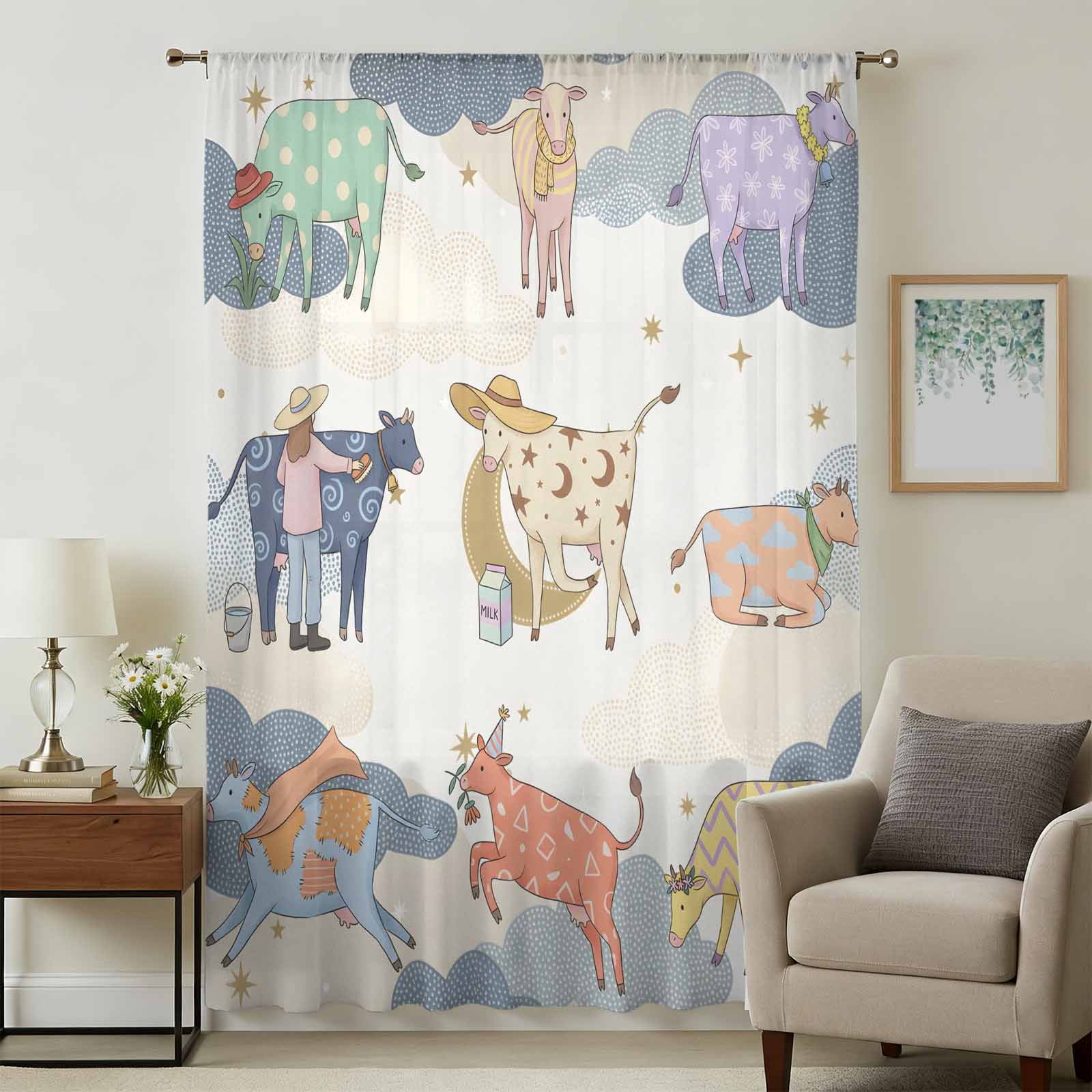 Colorful Cow Print Sheer Curtains 63 Inch Length for Bedroom, Funny ...