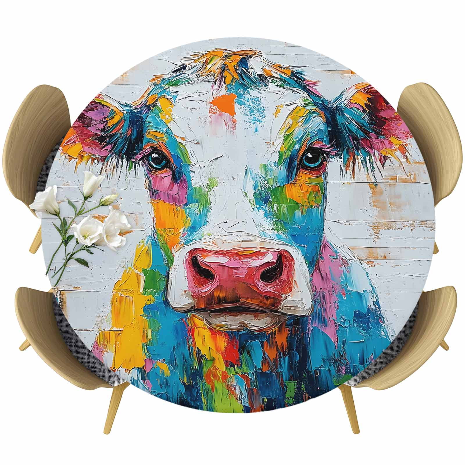 Colorful Cow Round Tablecloth 45-54 Inch Round Fitted Table Cloth with ...