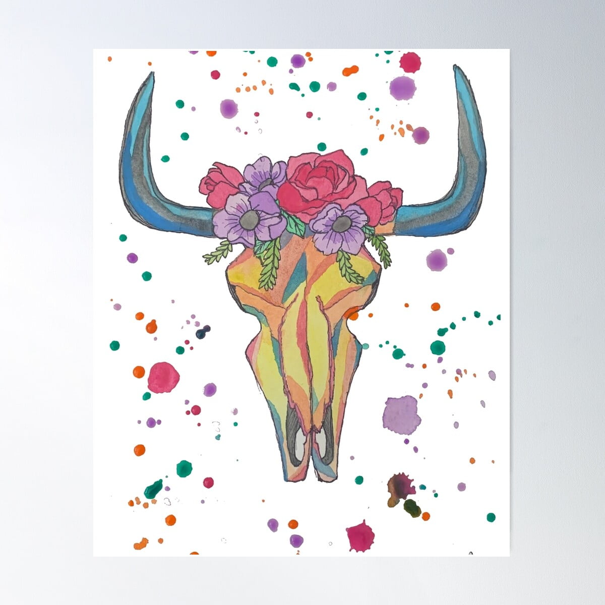 Colorful Cow Skull Poster Wall Art, Modern Wall Decor For Living Room ...