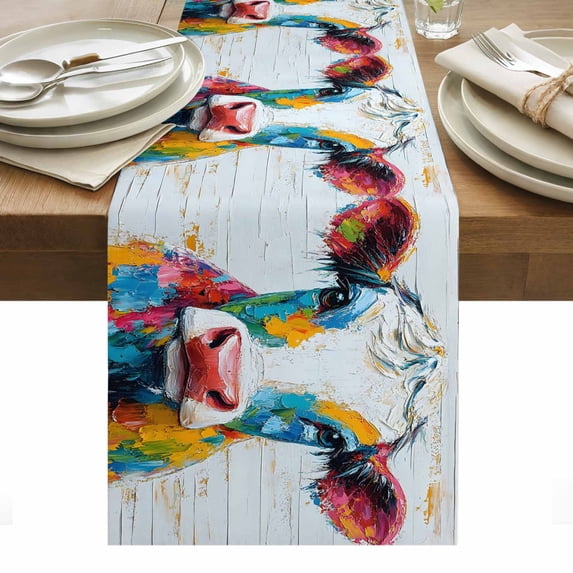 Colorful Cow Table Runner 13 x 120 Inch, Rustic Animal Washable Cotton ...