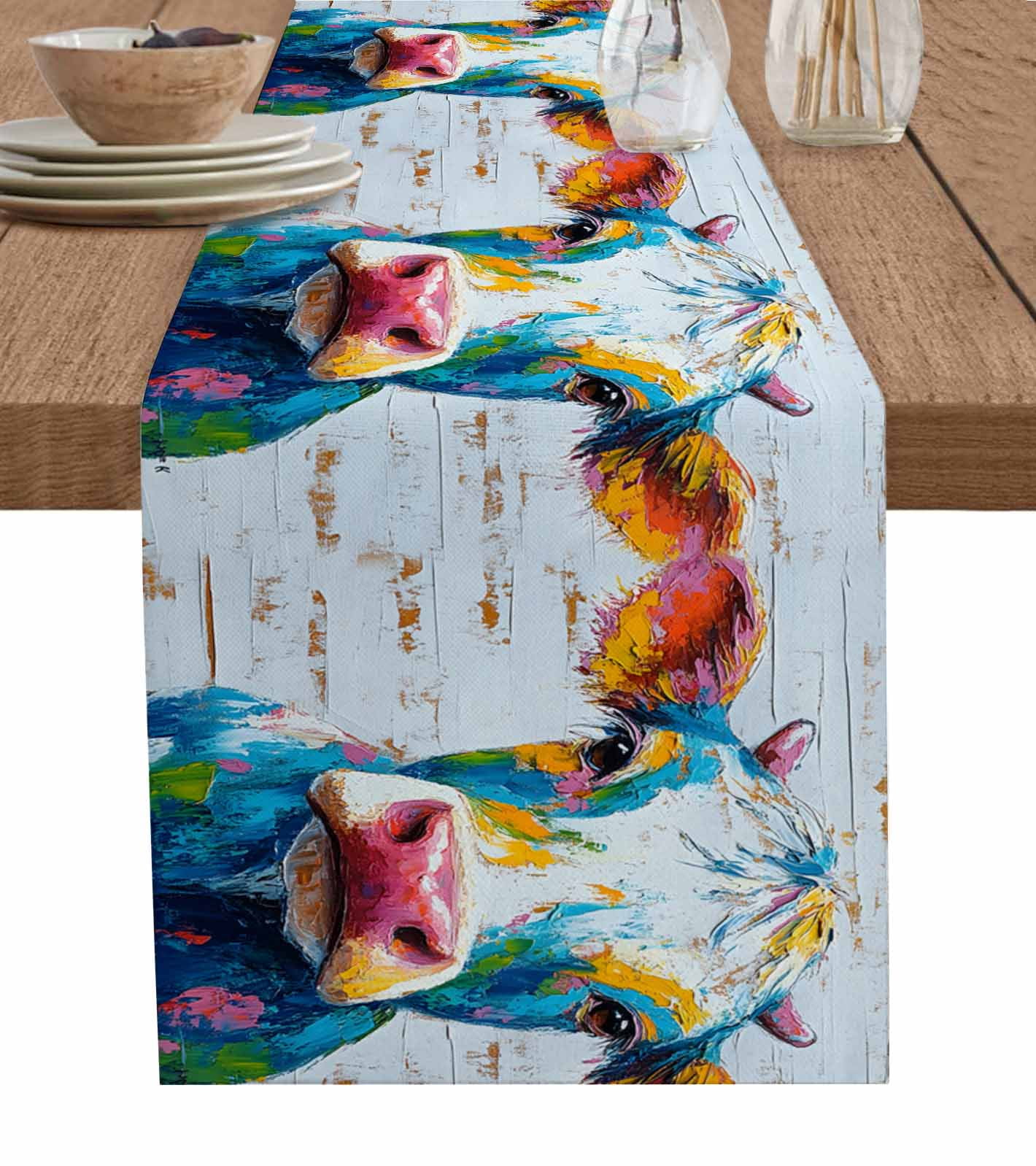 Colorful Cow Table Runner 36 Inches, Country Retro Abstract Animals ...