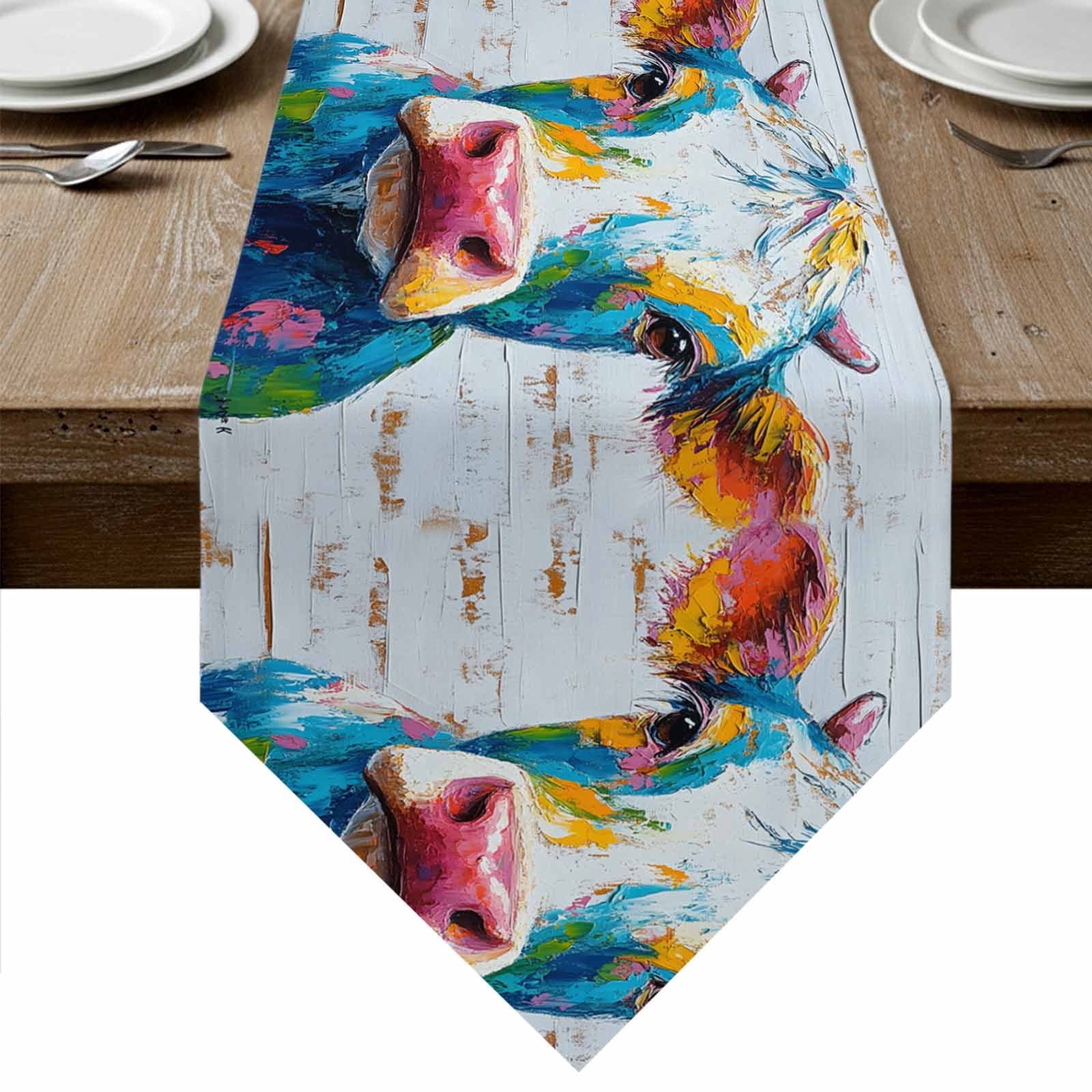 Colorful Cow Table Runner Linen Burlap Table Runner 60 Inches Long ...