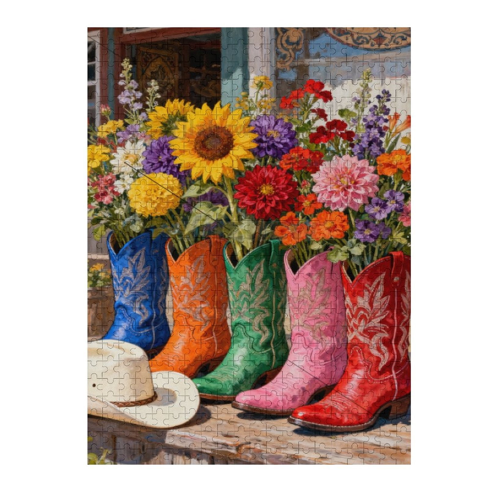 Colorful Cowboy Boots with Blooming Flowers Wooden Jigsaw Puzzle 1000 ...