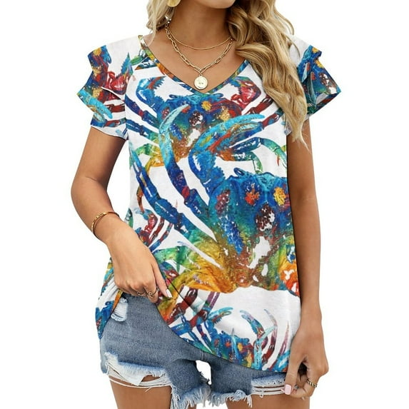 Colorful Crab Collage Art By Sharon Cummings Lotus Leaf Neck T-Shirt ...