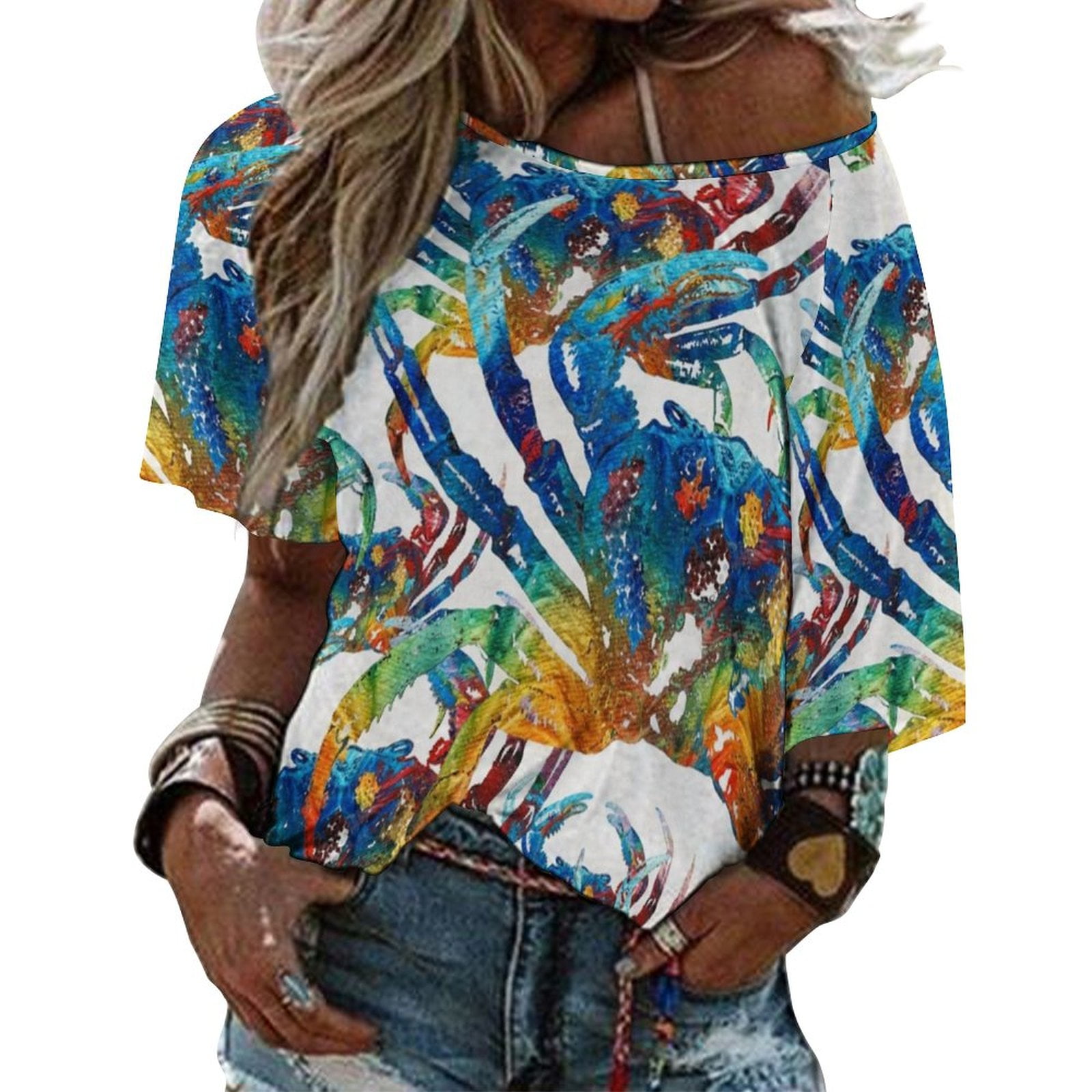 Colorful Crab Collage Art By Sharon Cummings Lotus Leaf Neck T-Shirt ...