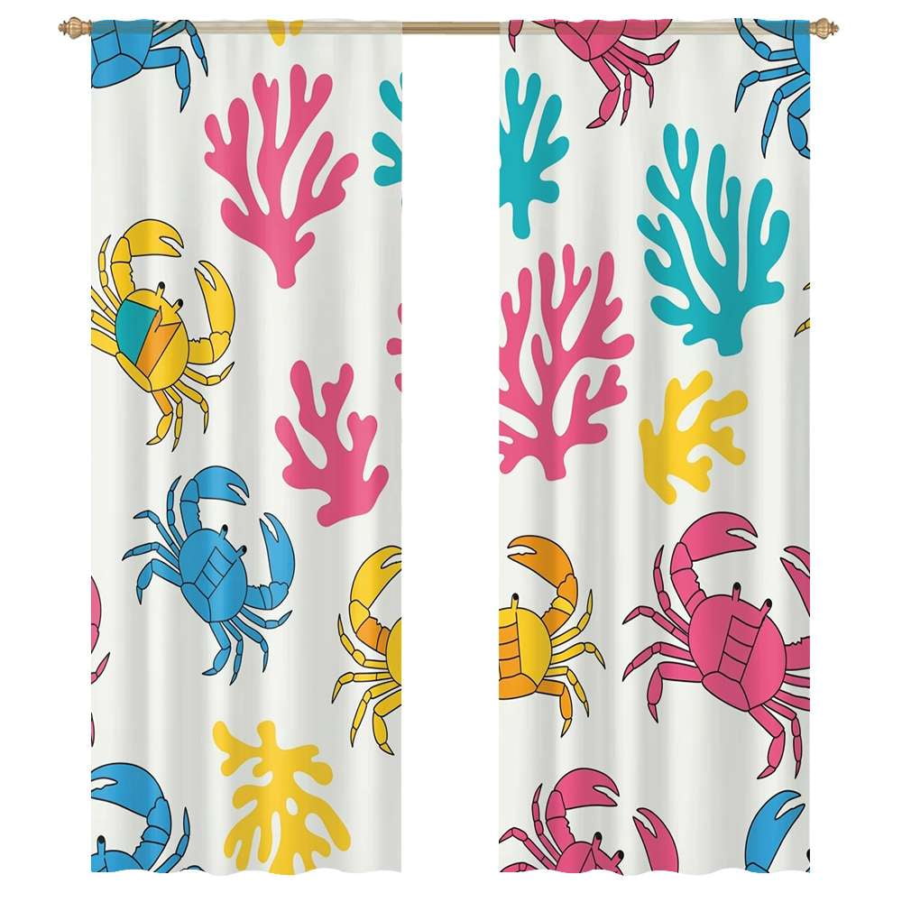 Colorful Crabs Coral Summer Pattern Repeat Tulle Curtains For Living ...