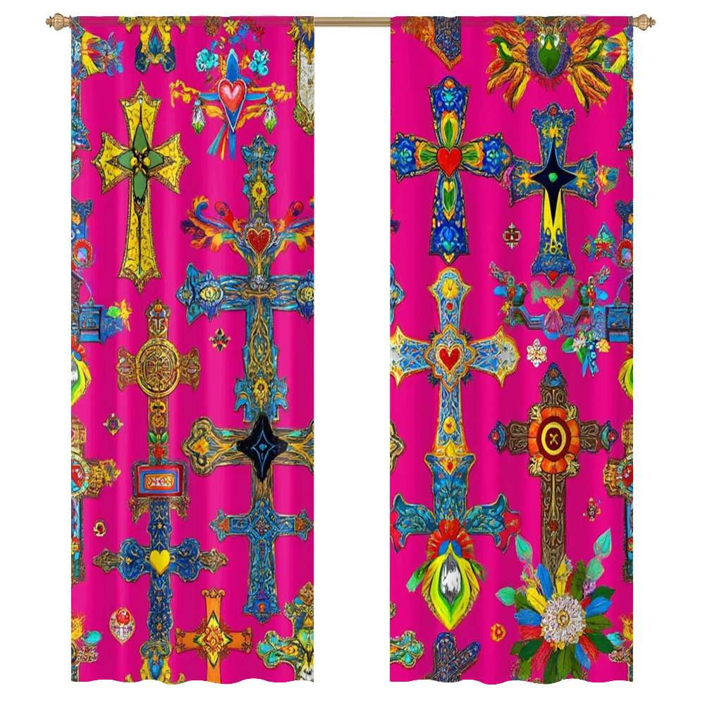 Colorful Cross Patterns Sheer Window Curtains for Living Room Kitchen ...