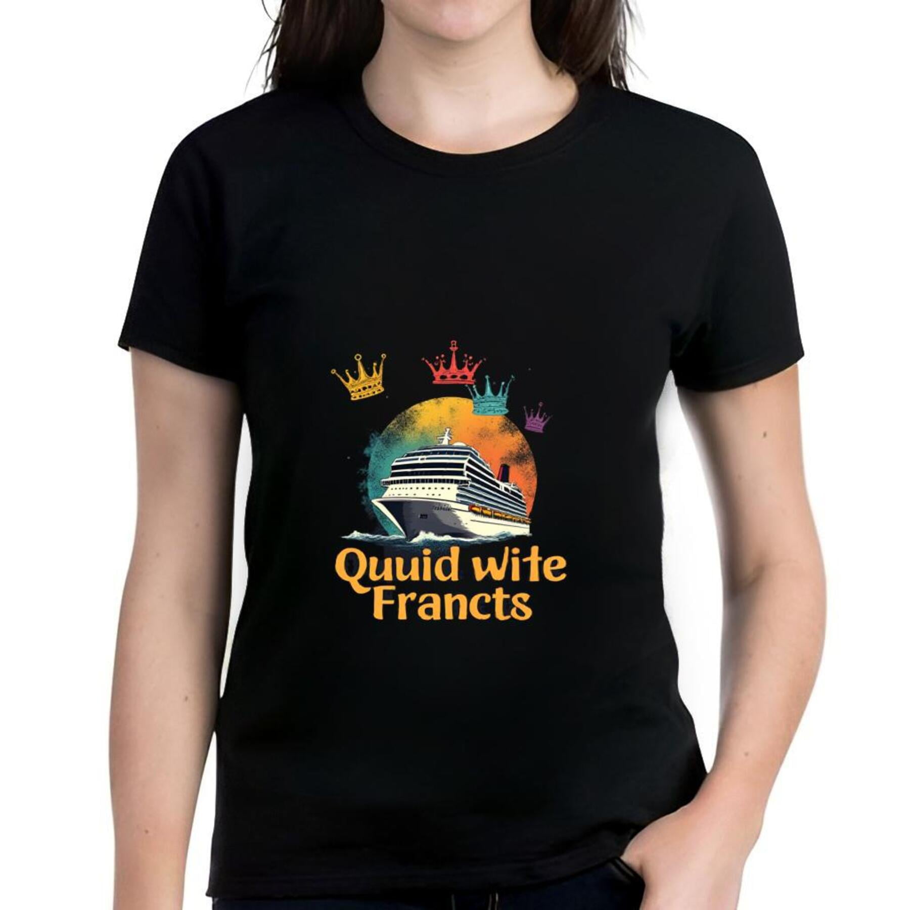 Colorful Cruise Ship & Crown Design Cotton Short Sleeve T-Shirt - " Quuid Frants " with Sunset ...
