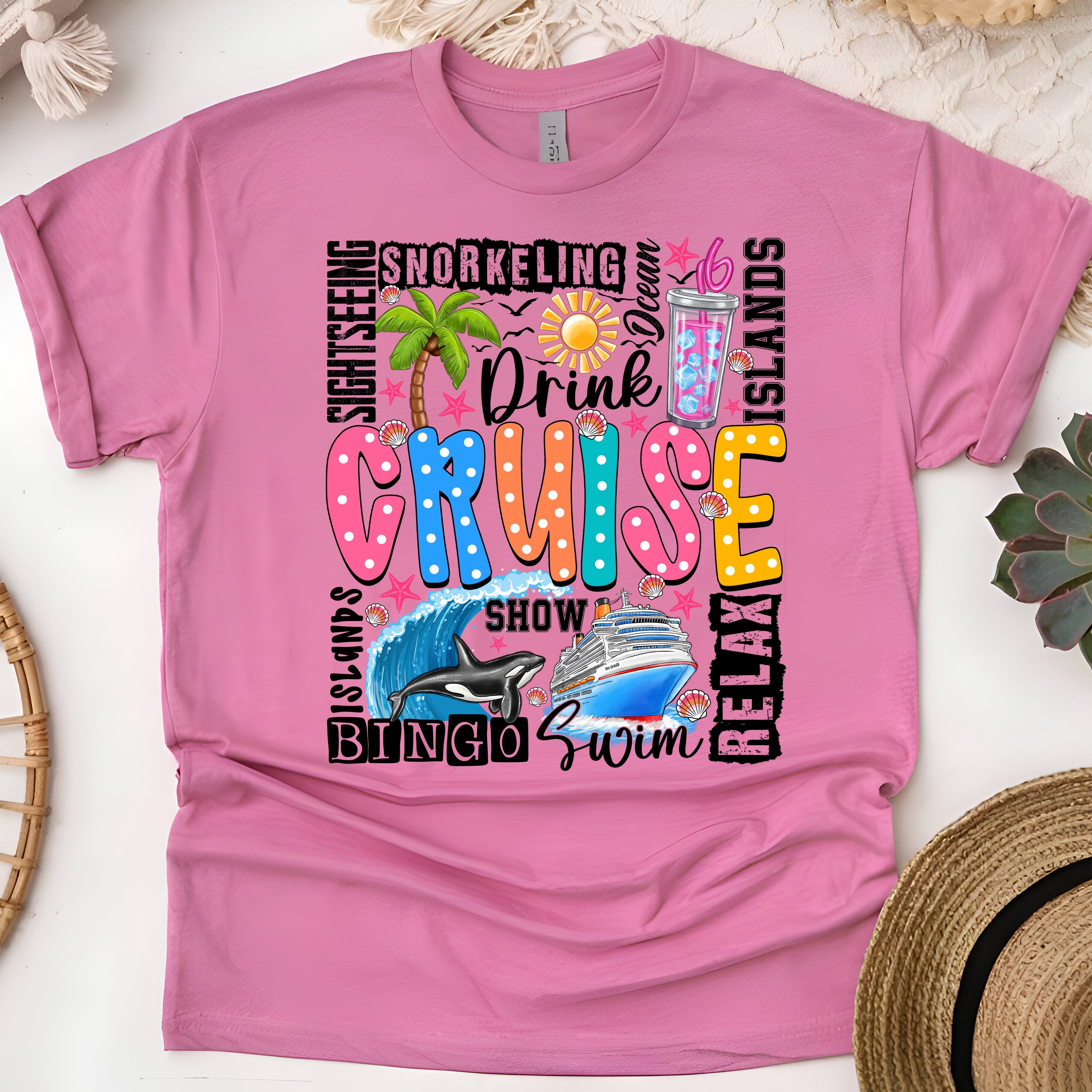 Colorful Cruise Word Art Shirt – Drink, Swim, Relax Graphic Tee for ...