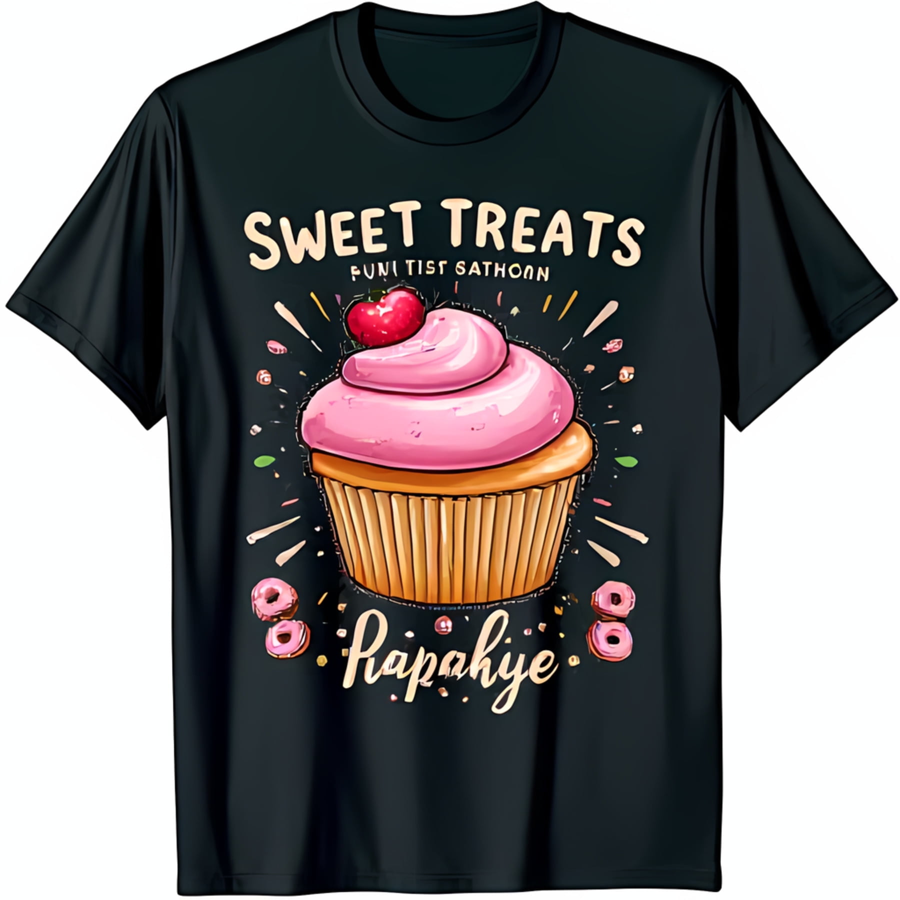 Colorful Cupcake Graphic Black T-Shirt with 'SWEET TREATS' Design for ...