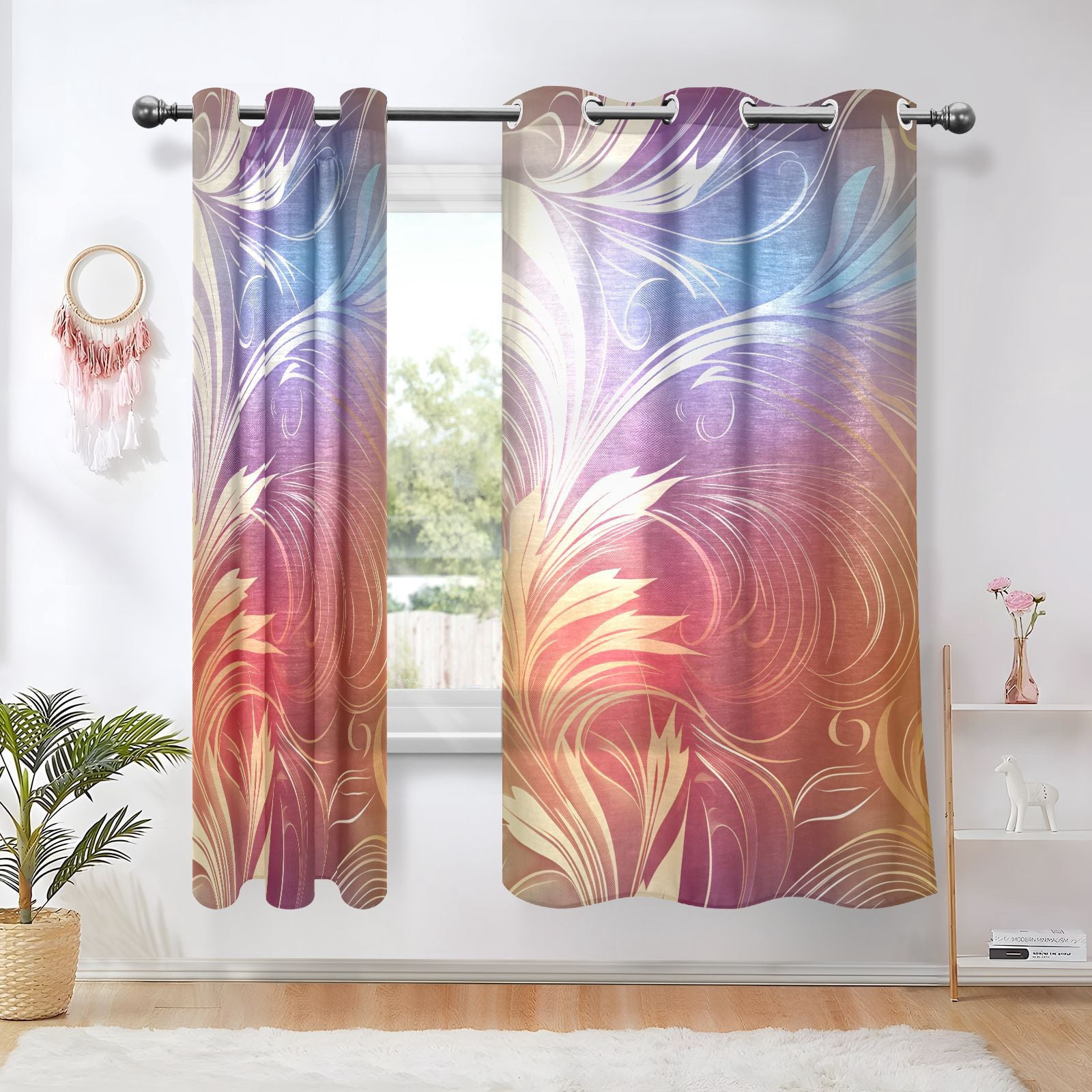 Colorful Curve Flowers Blackout Curtains 63 inch Length 2 Panels Window ...