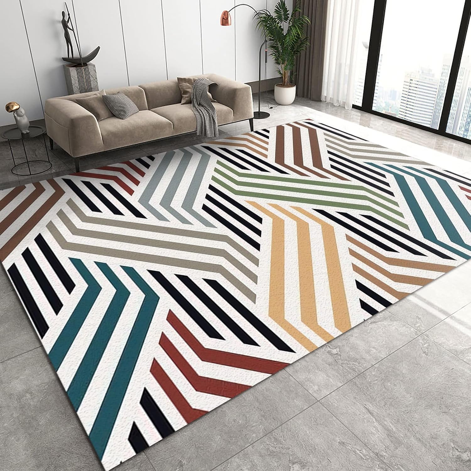 Colorful Curved Lines Stripes Area Rugs, 5x6ft Abstract Geometric Retro ...