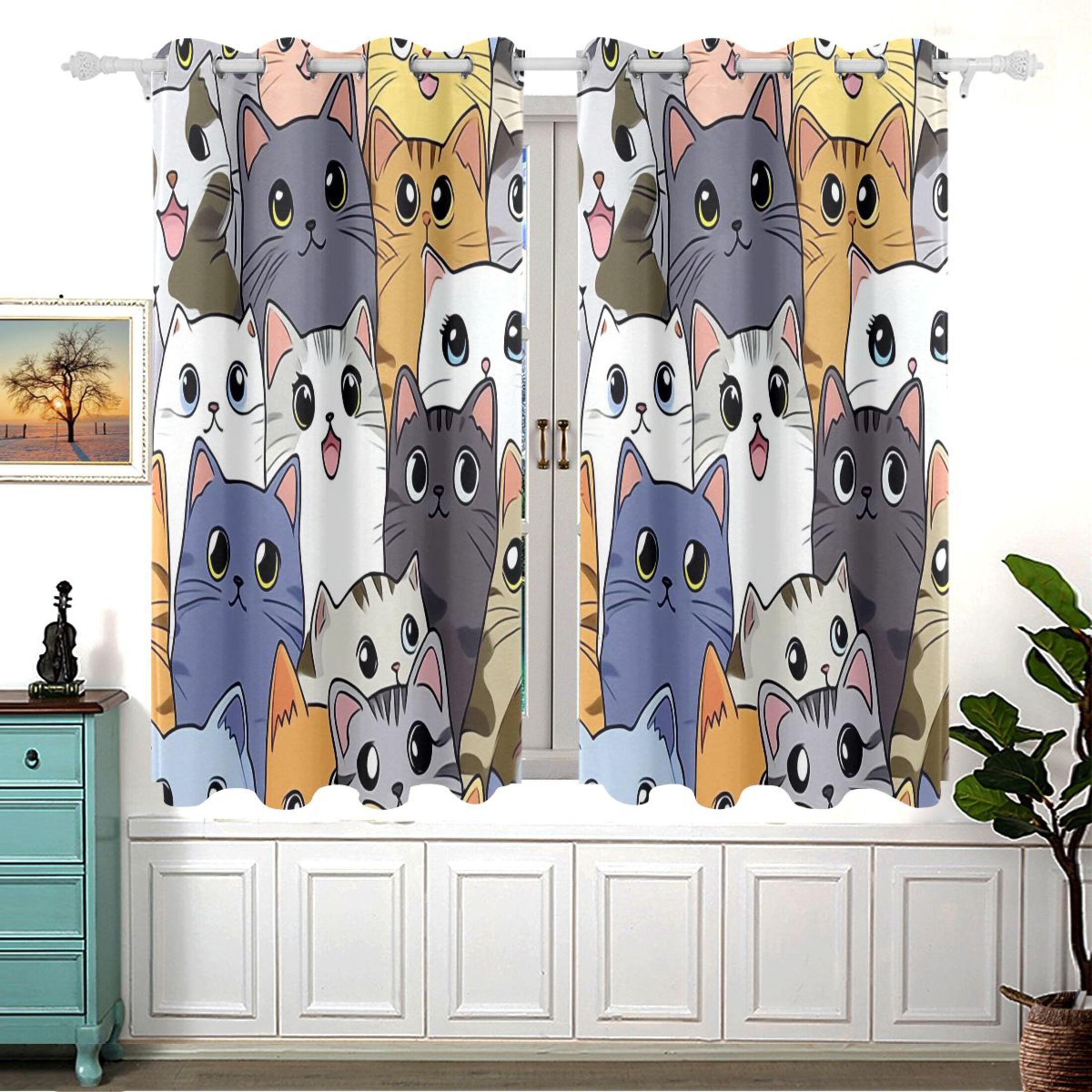 Colorful Cute Cats Blackout Curtains for Living Room Bedroom 55W x 54L ...