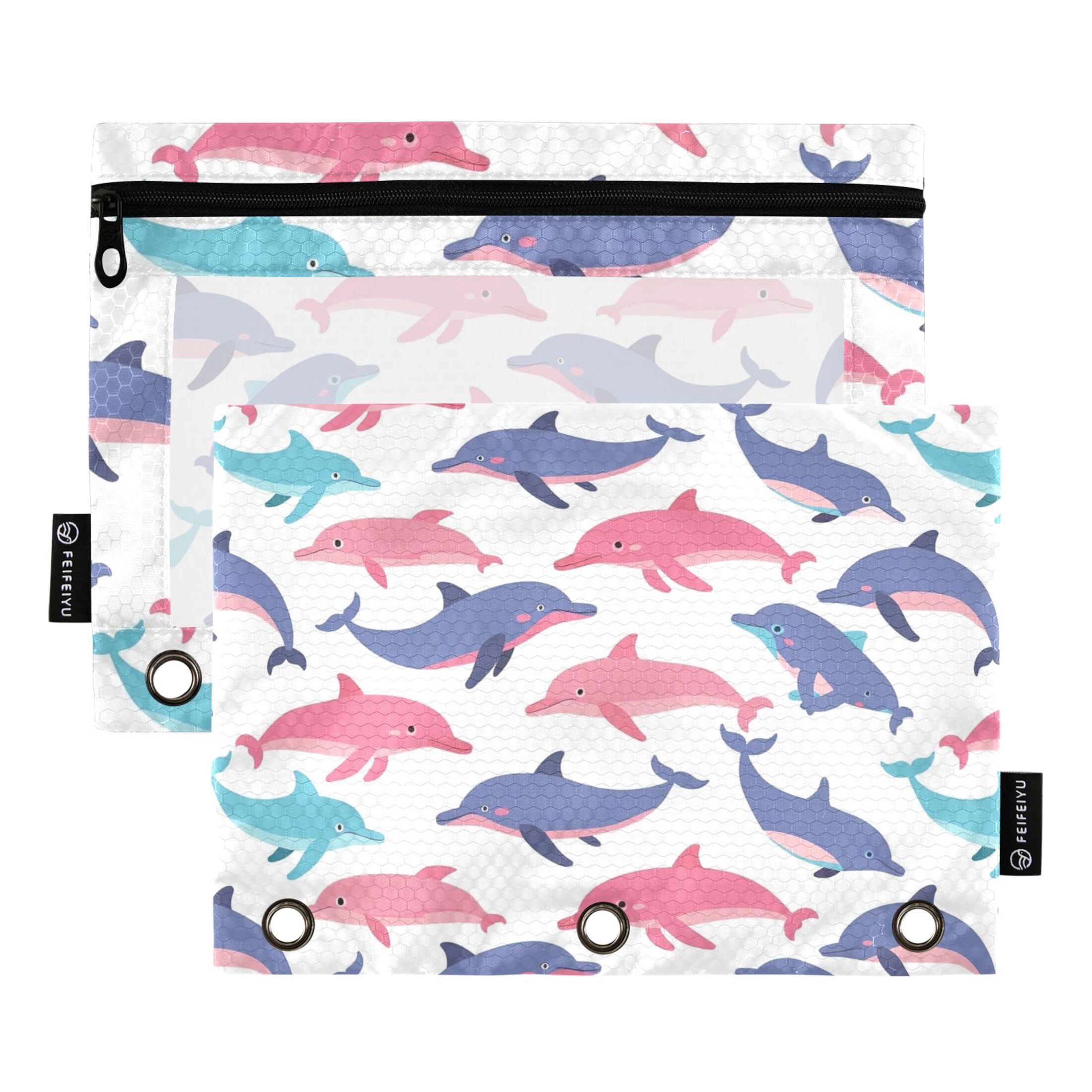 Colorful Cute Dolphin 2 Pack Pencil Pouch for 3 Ring Binder Smooth ...