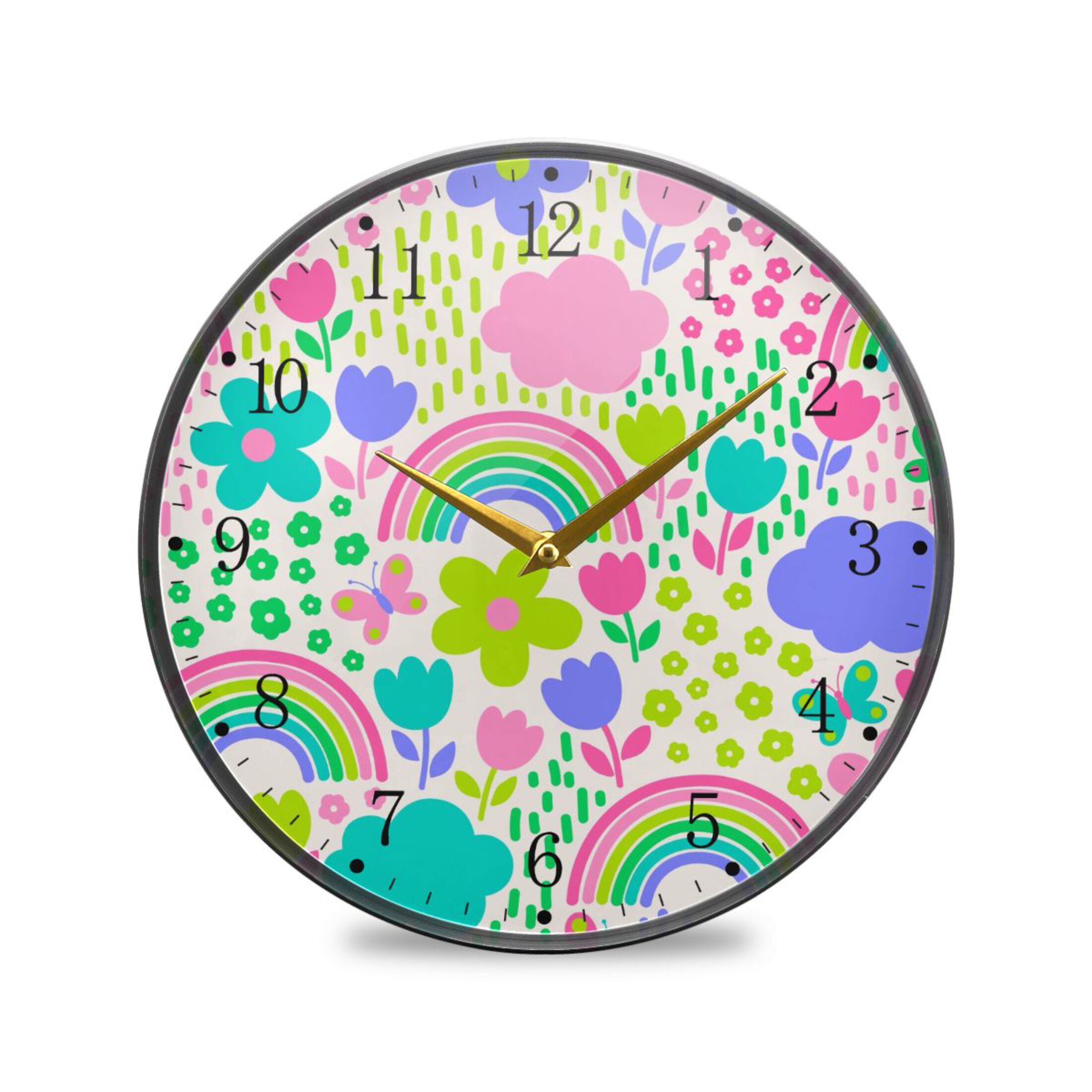 Colorful Cute Floral Rainbow and Cloud Acrylic Wall Clocks Quiet Round ...
