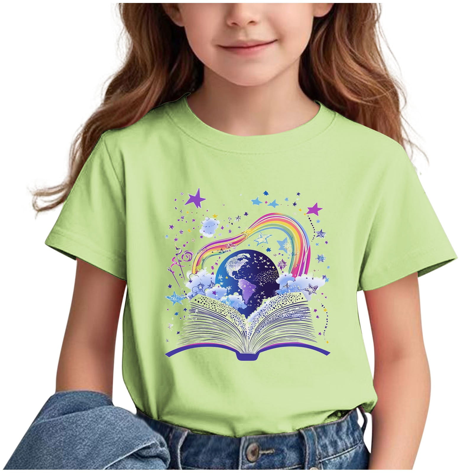Colorful Cute Girl Print Girls Soft and Stretchy Round Neck Short ...