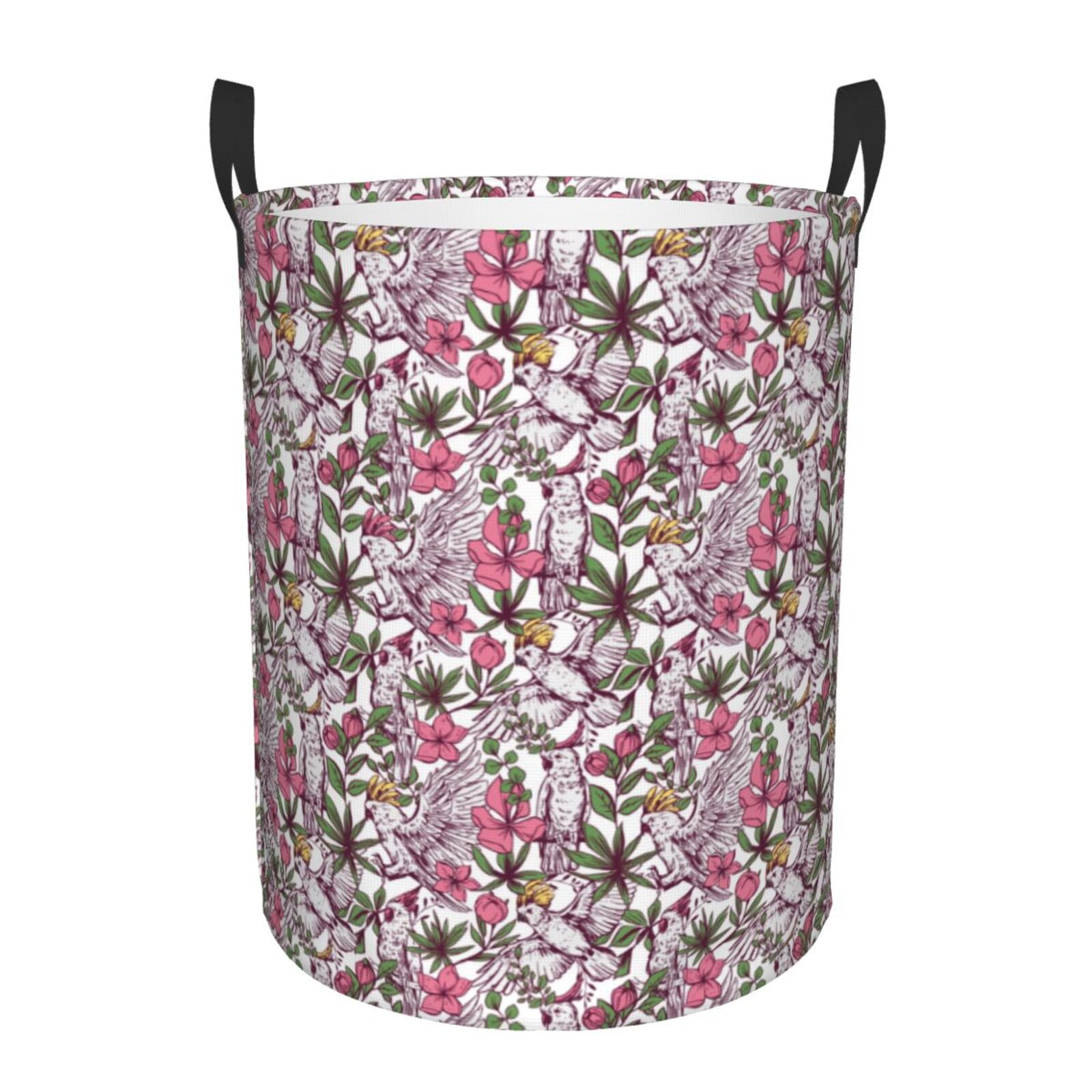 Colorful Cute Parrot Flower Plant Round Laundry Basket, Laundry Hamper ...