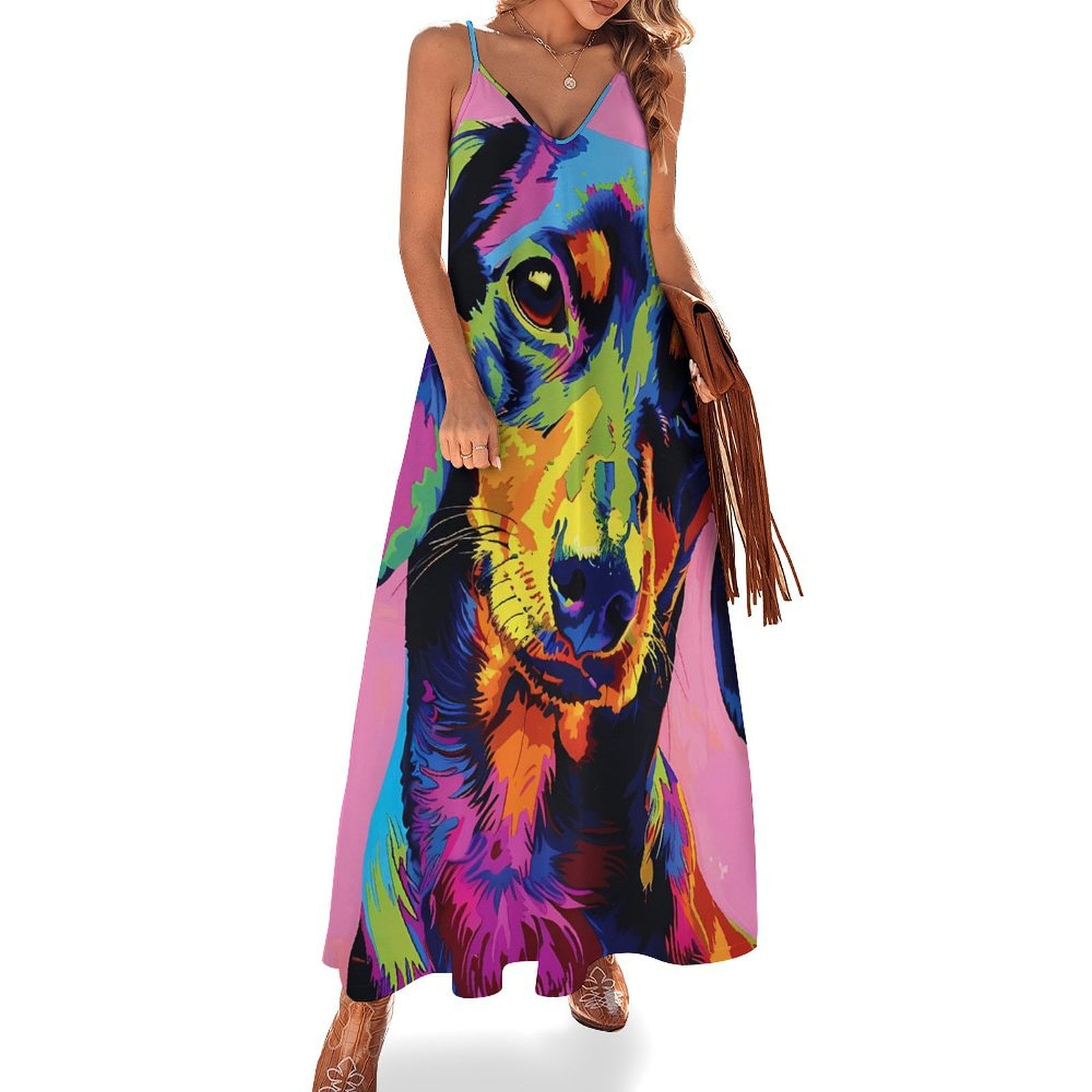 Colorful Dachshund Dog Pop Art Women's Maxi Dress Spaghetti Strap ...