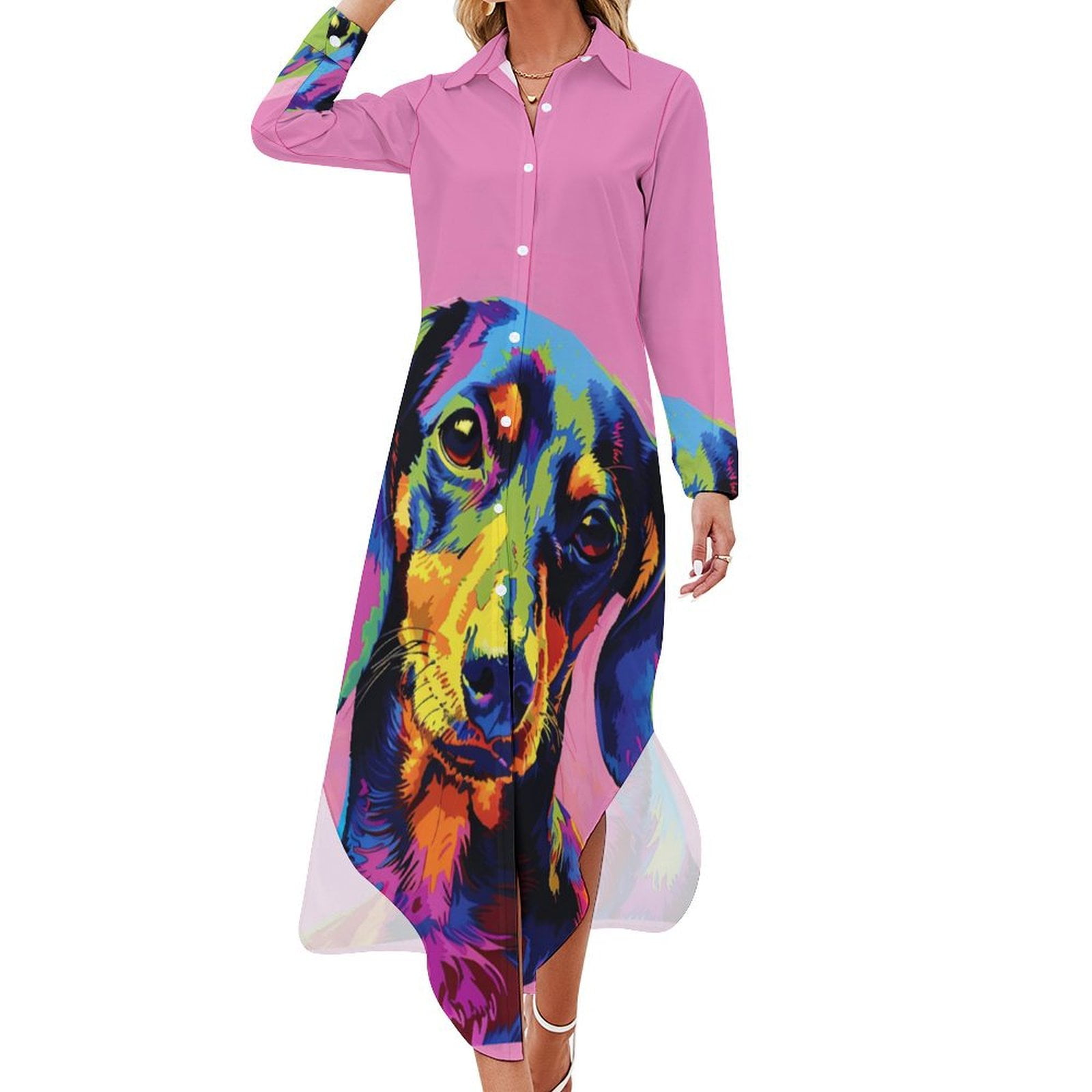 Colorful Dachshund Dog Pop Art Women's Maxi T Shirt Dress Long Sleeve ...