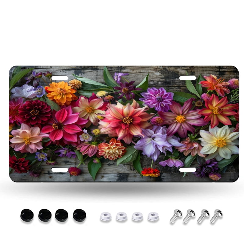 Colorful Dahlia Flowers in Various Colors Laid Out License Plate Frame ...