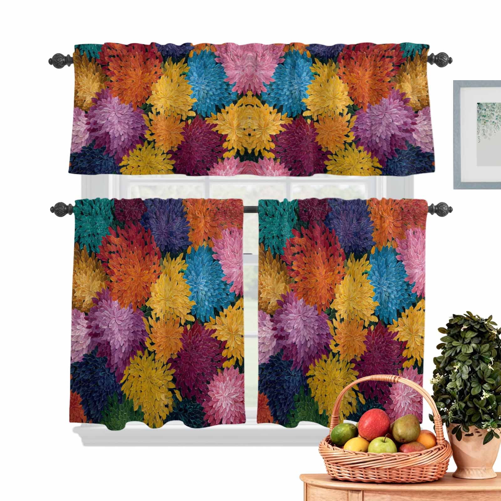 Colorful Dahlia Kitchen Curtains Valances 3 Piece Set, Modern Abstract ...
