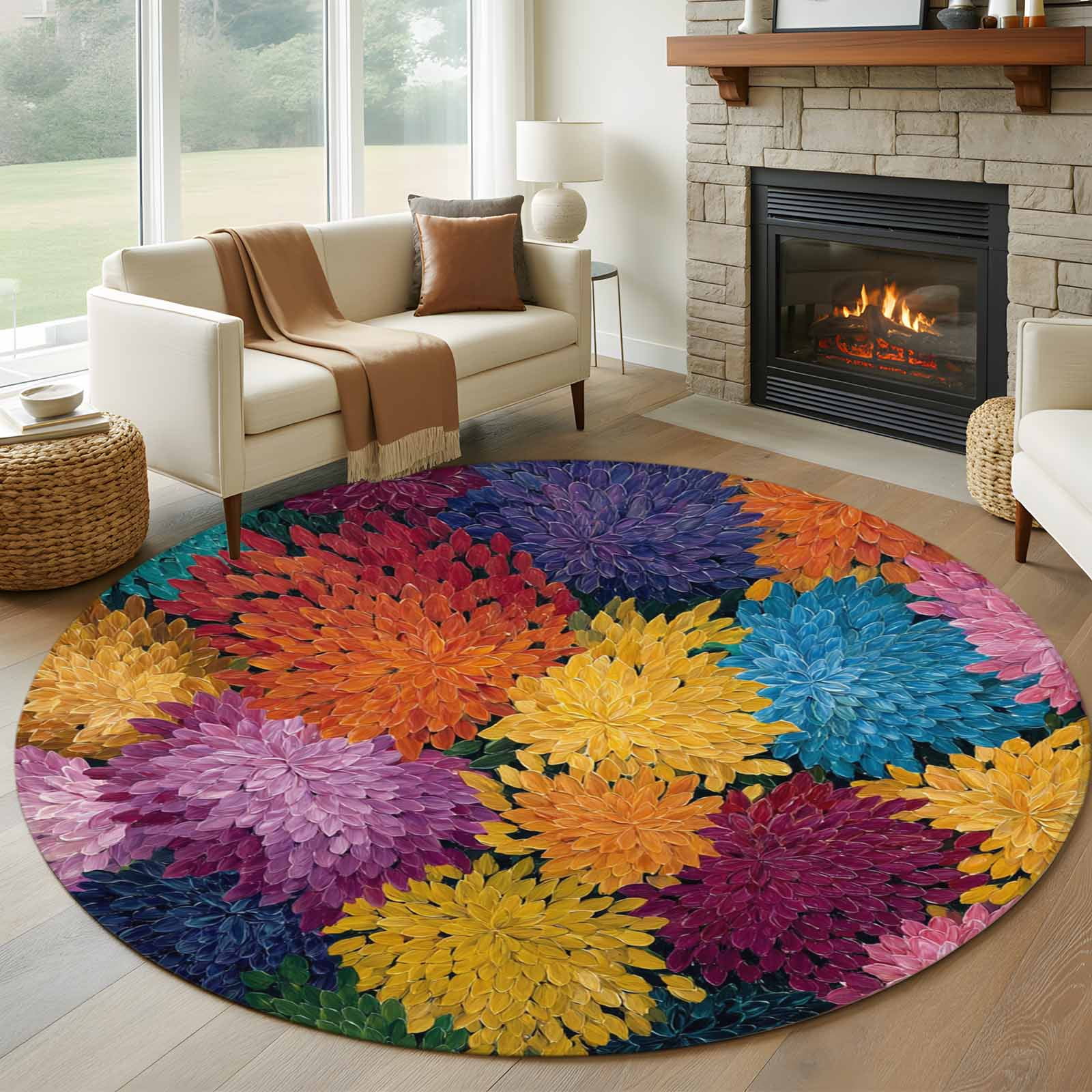 Colorful Dahlia Round Rug 8ft Washable Circle Rugs Non Slip Spring ...