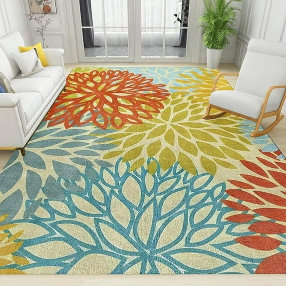 Colorful Dahlias Area Rug, Abstract Line Floral Outline Non Slip Kids ...