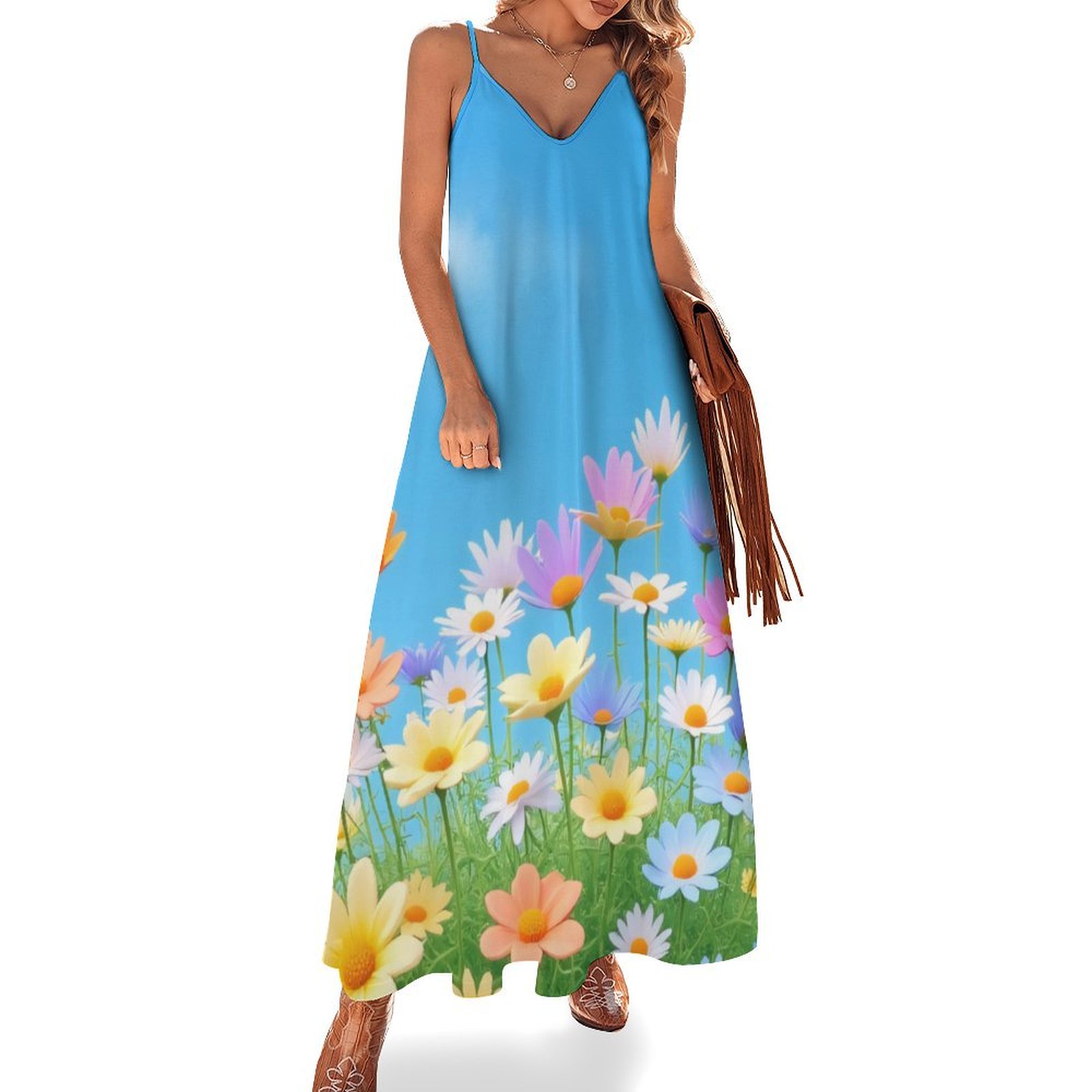 Colorful Daisies in Blue Sky Design Sleeveless Dress Woman Fashion Long ...