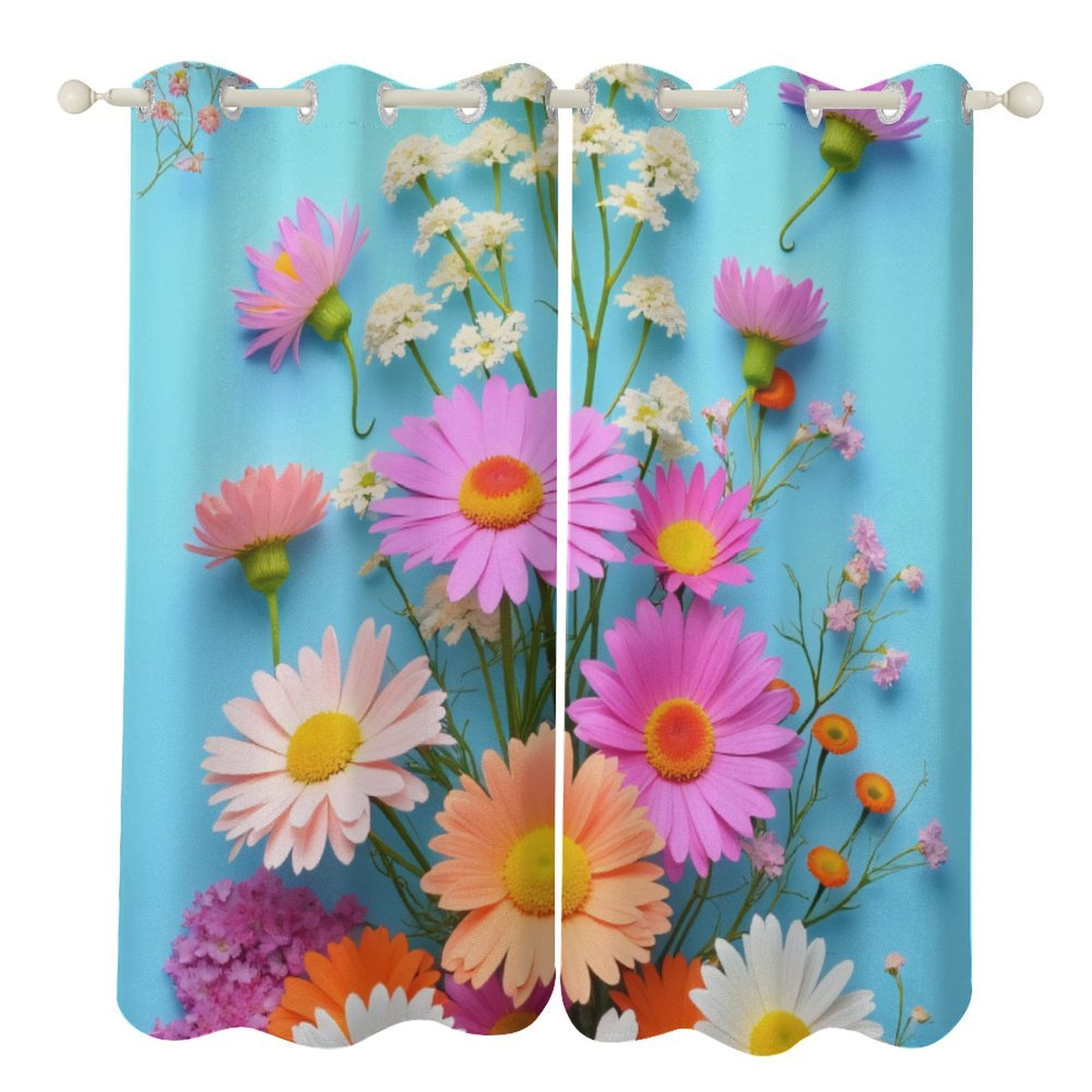 Colorful Daisies on Blue Background Luxury Window Curtains Blinds for ...