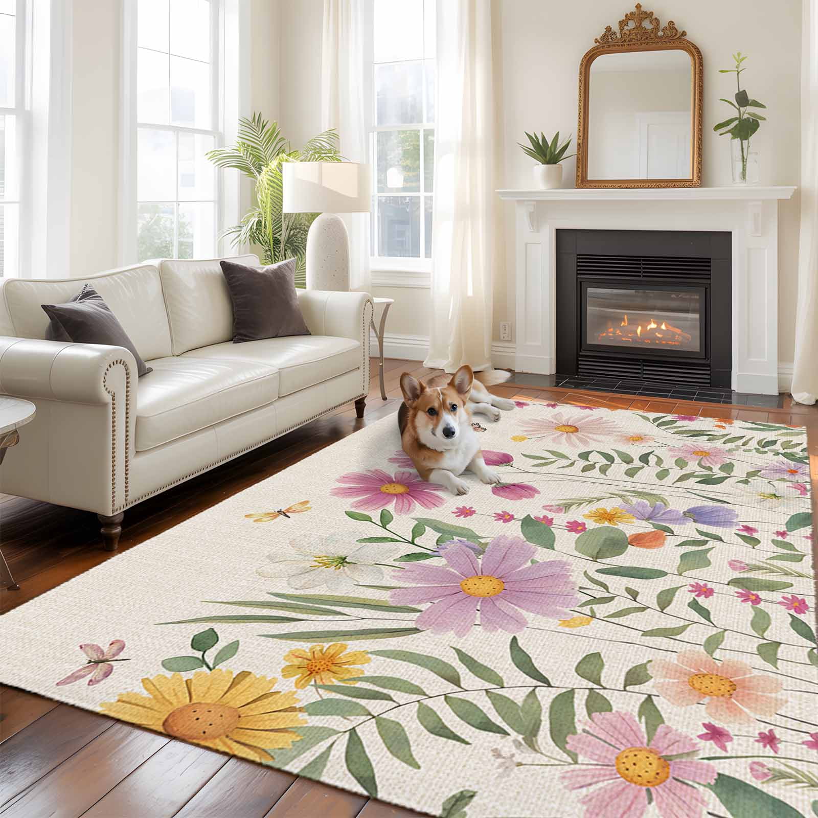 Colorful Daisy Area Rugs 5x7 ft Dragonfly Butterfly Leaf Spring Summer ...