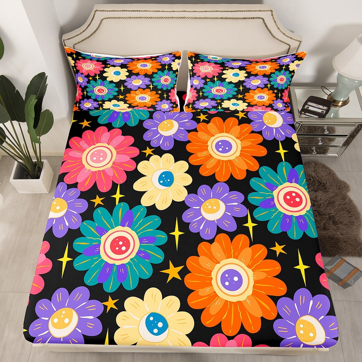 Colorful Daisy Bed Sheets Kids Girls Youth,60s 70s Funky Flower Fitted ...
