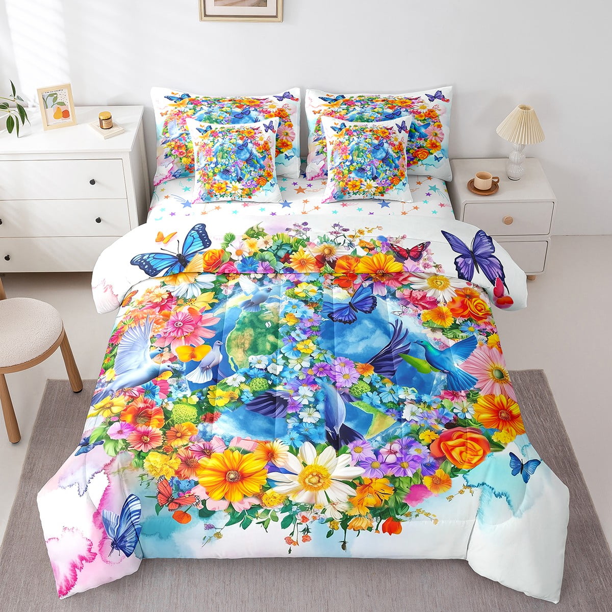 Colorful Daisy Floral 7Pcs Comforter Set Queen Size,Pigeon Birds ...