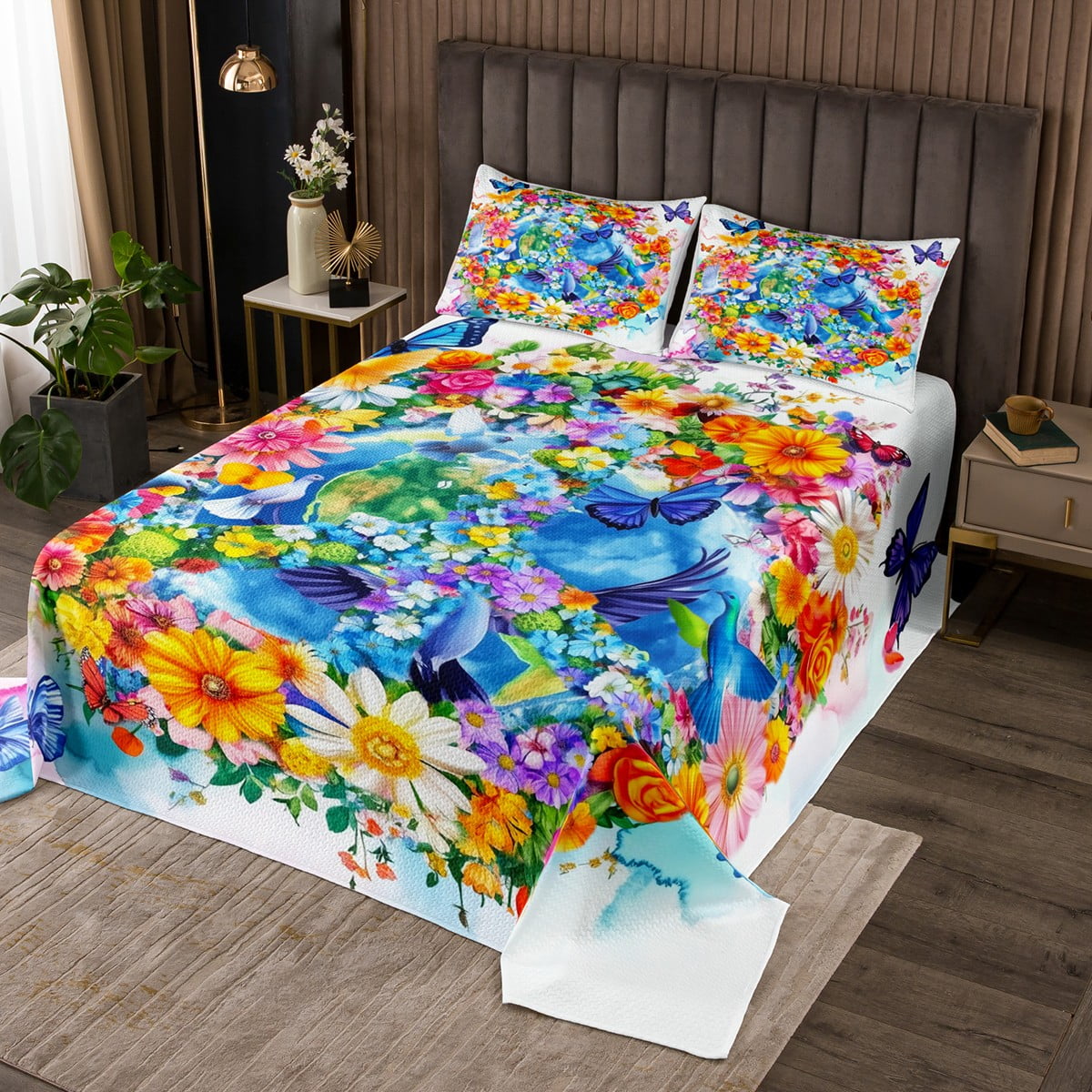 Colorful Daisy Floral Bedding Sets Queen Size,Pigeon Birds Bedspread ...